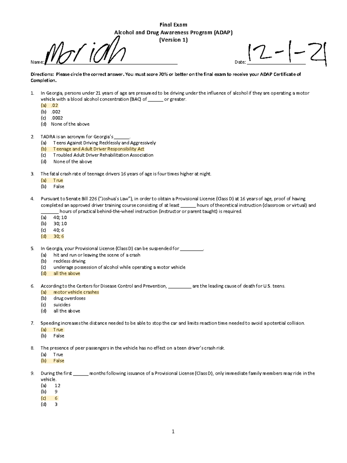 ADAP Final Exam Answer Key (Version 1) for Alcohol Awareness Program ...