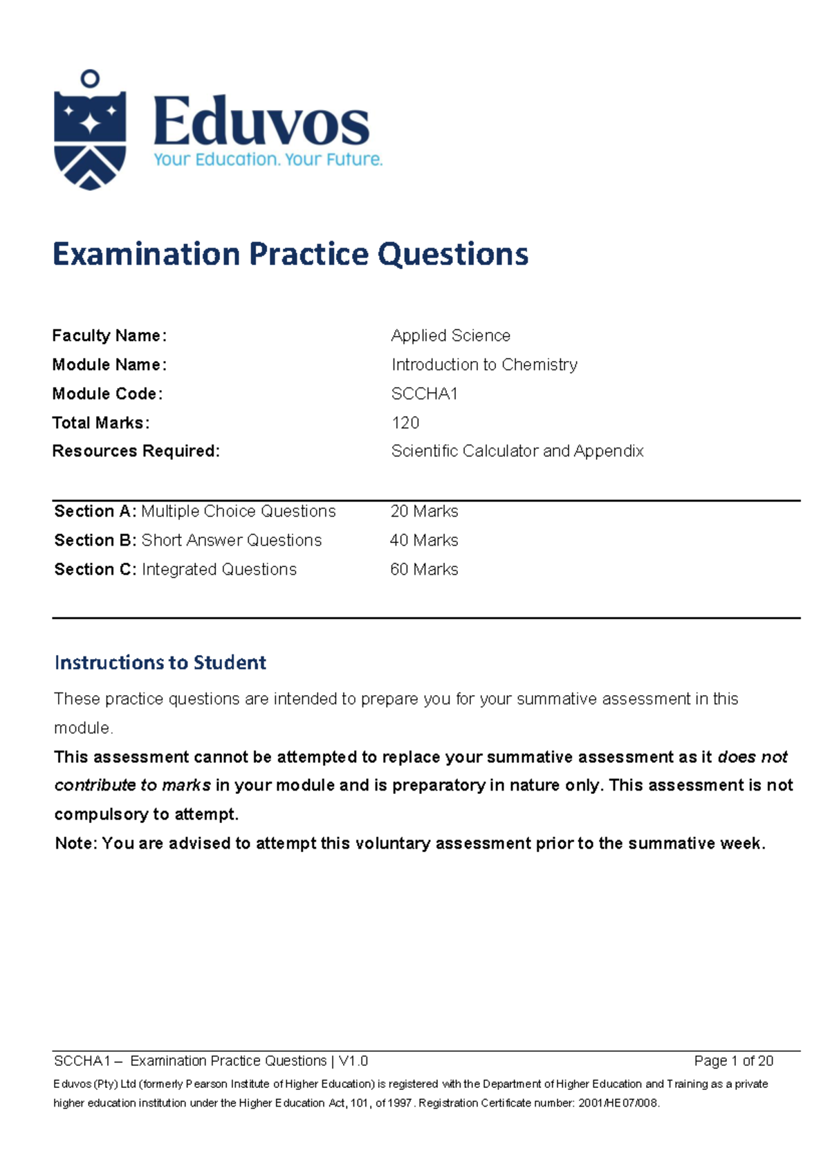 SCCHA1 Examination Practice Questions for Chemistry Preparation - Studocu