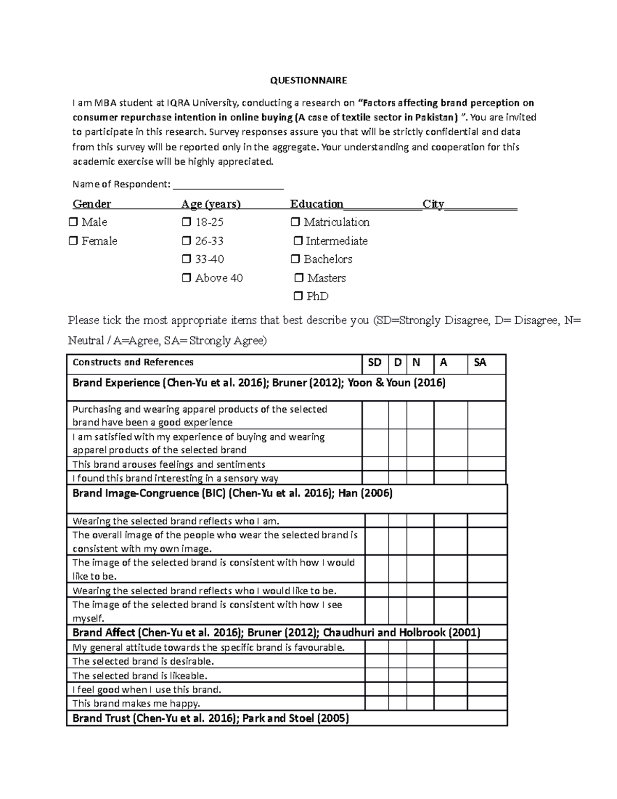 MBA Survey Questionnaire on Brand Perception & Repurchase Intention ...