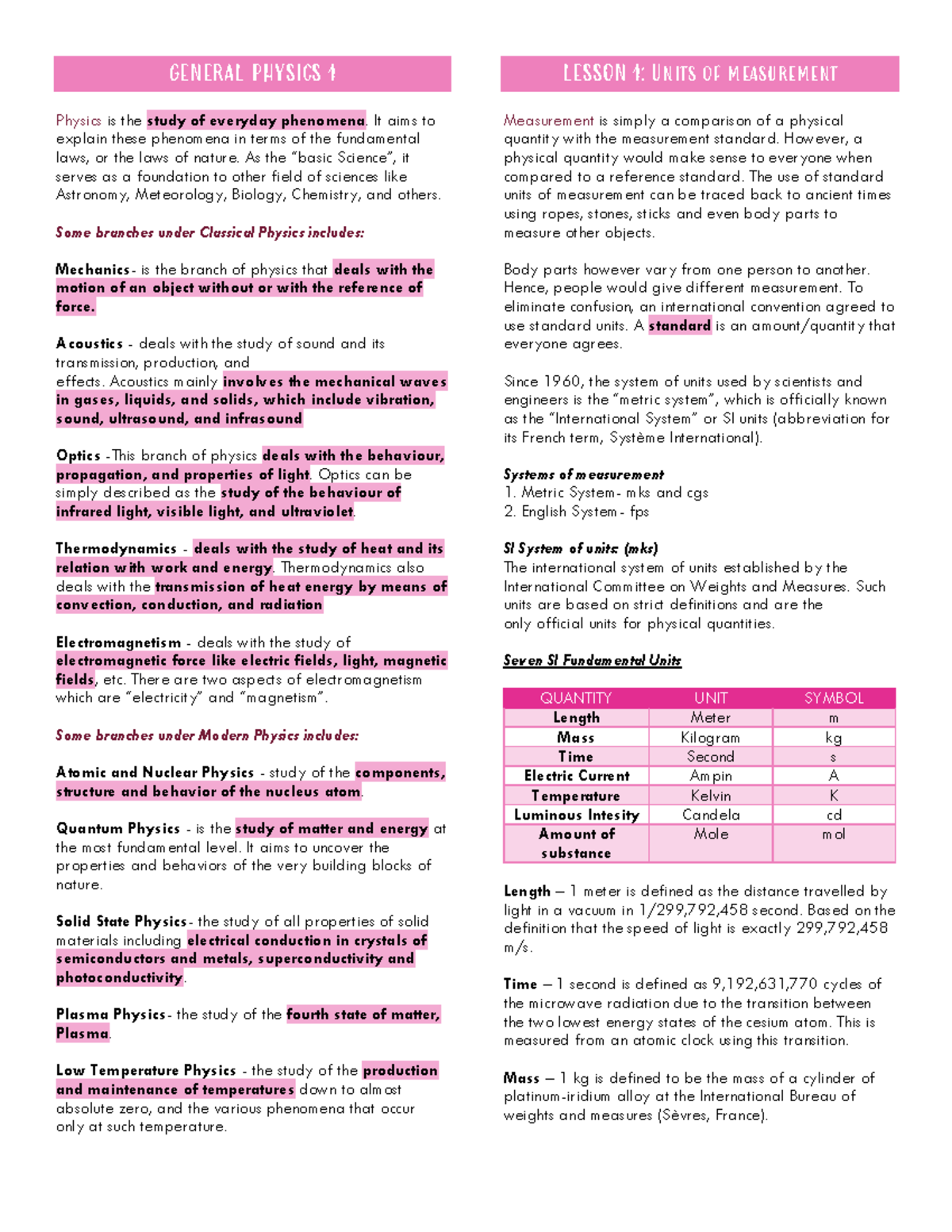 General Physics 1 - Lecture Notes: Units, Measurements, and Motion ...