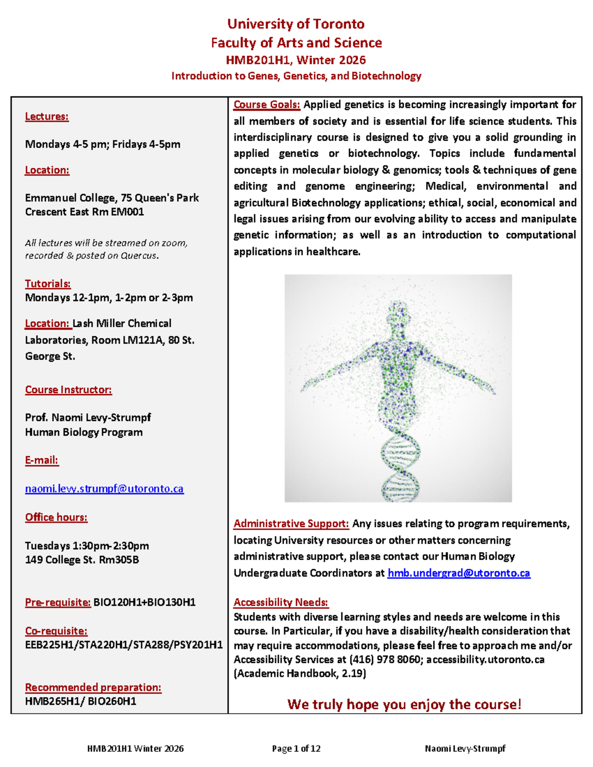 HMB201H1 Winter 2026 Syllabus: Introduction to Genes & Biotechnology ...