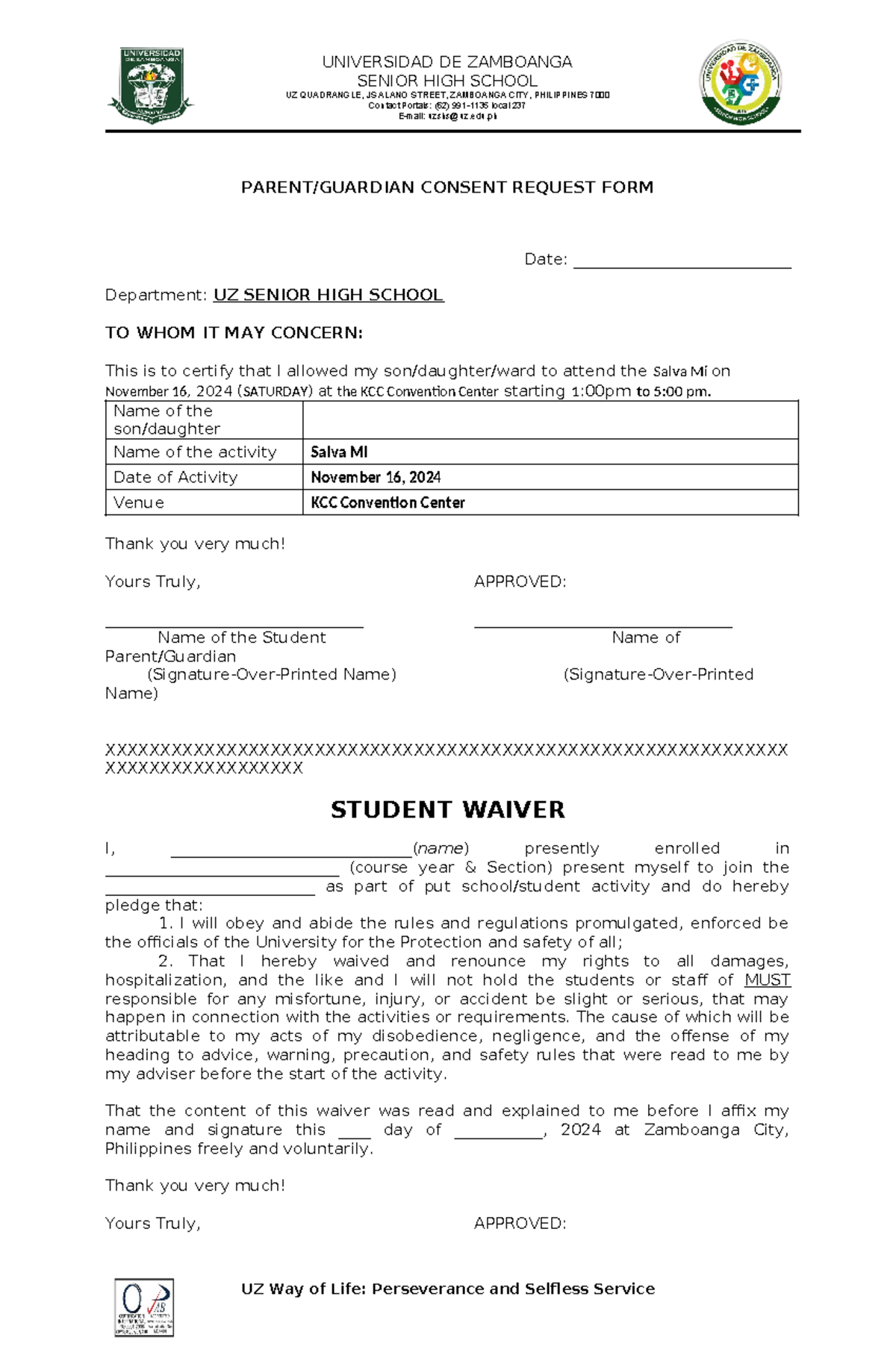 Students- Waiver - Waver for school events this is an idea ...