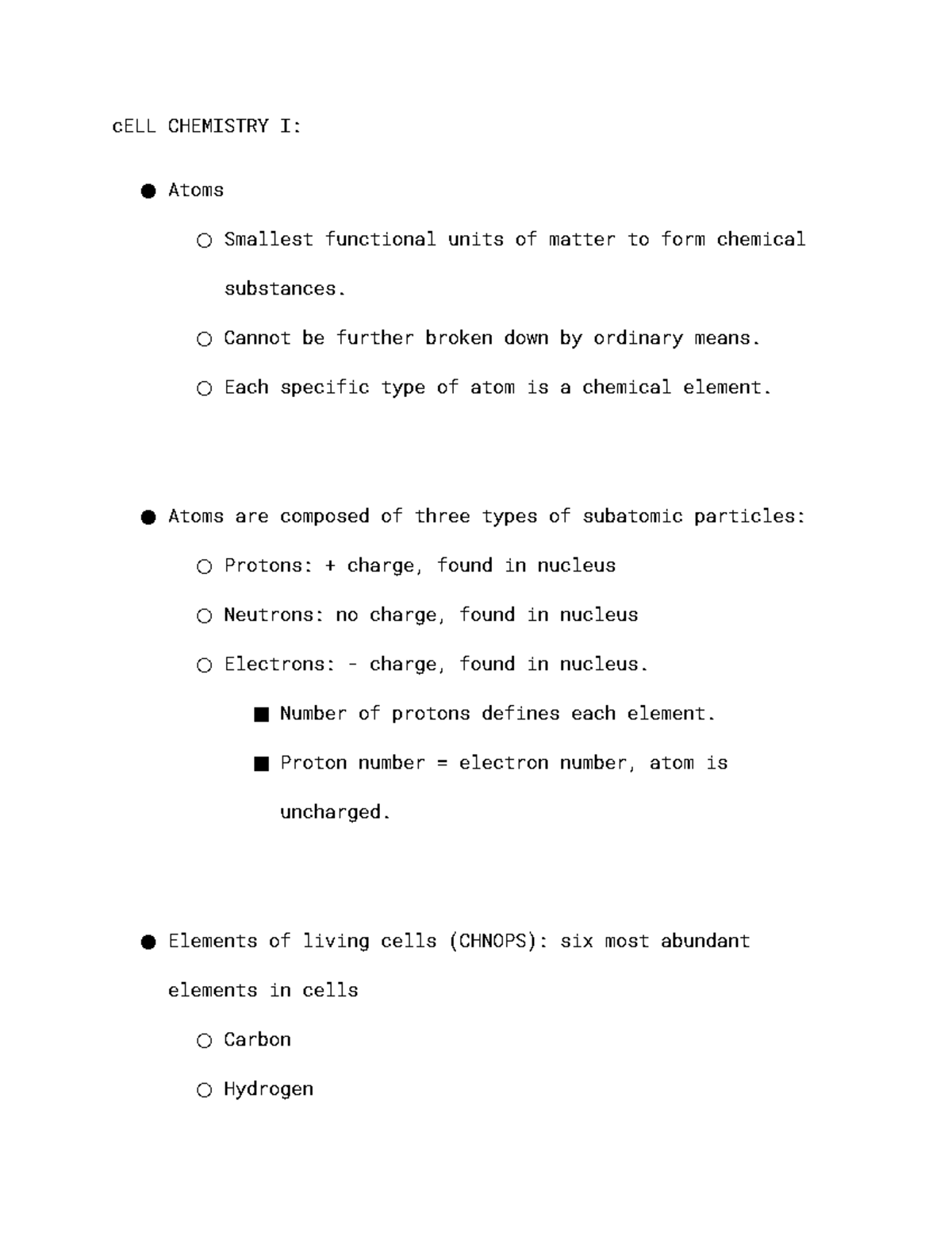 C ELL Chemistry I - notes on cell biology - cELL CHEMISTRY I: Atoms ...