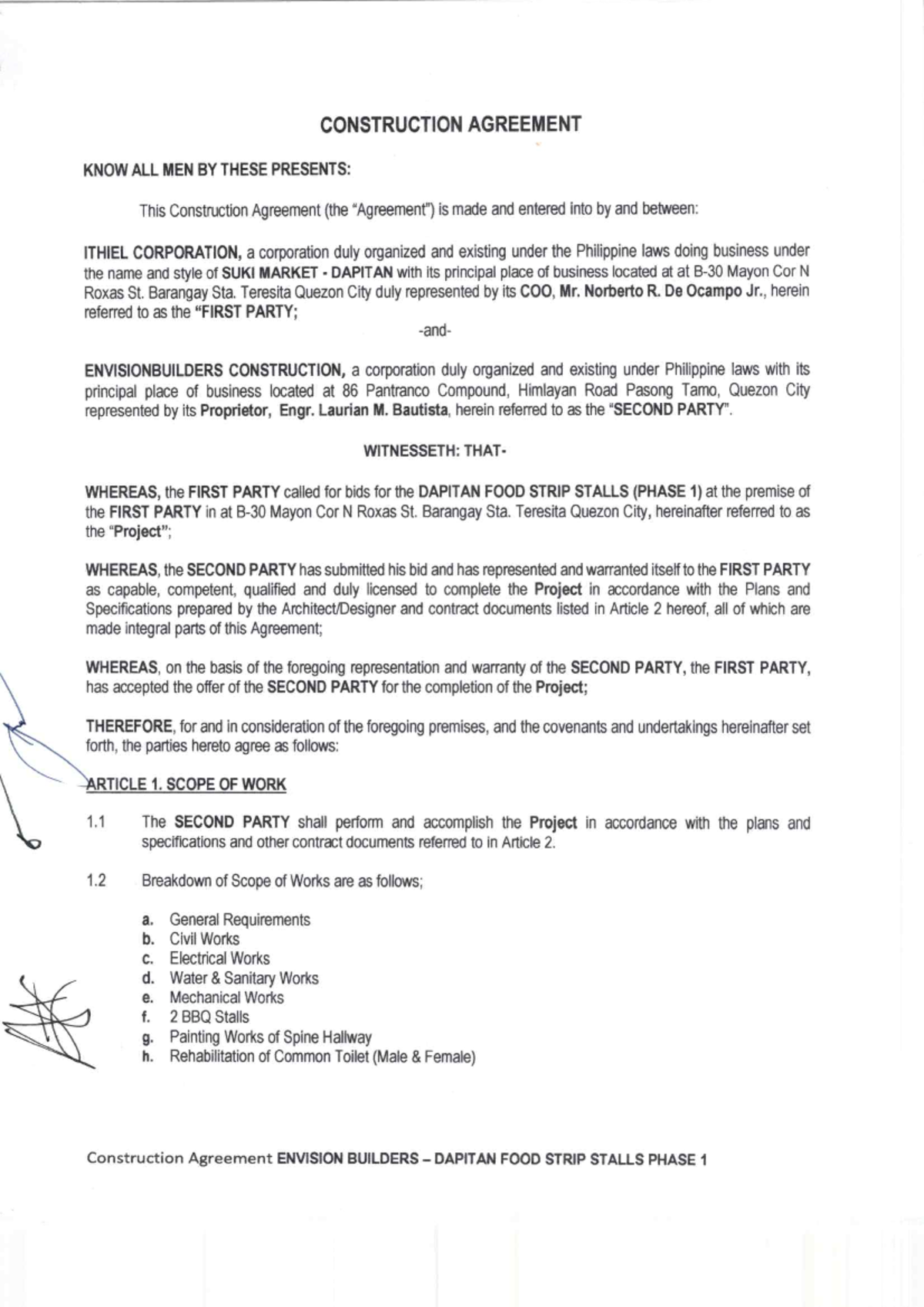 Construction Agreement for Dapitan Food Strip Stalls (Phase 1) - Studocu
