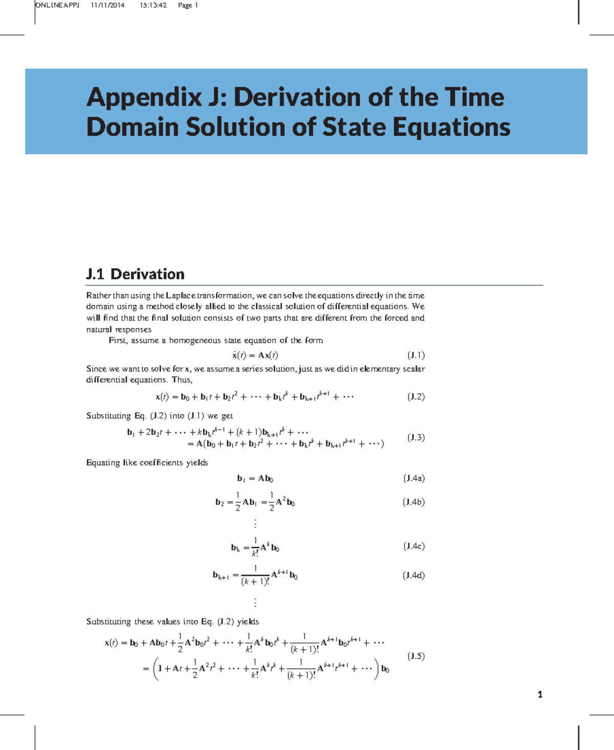 Time Domain Solution Derivation of State Equations - Appendix J - Studocu