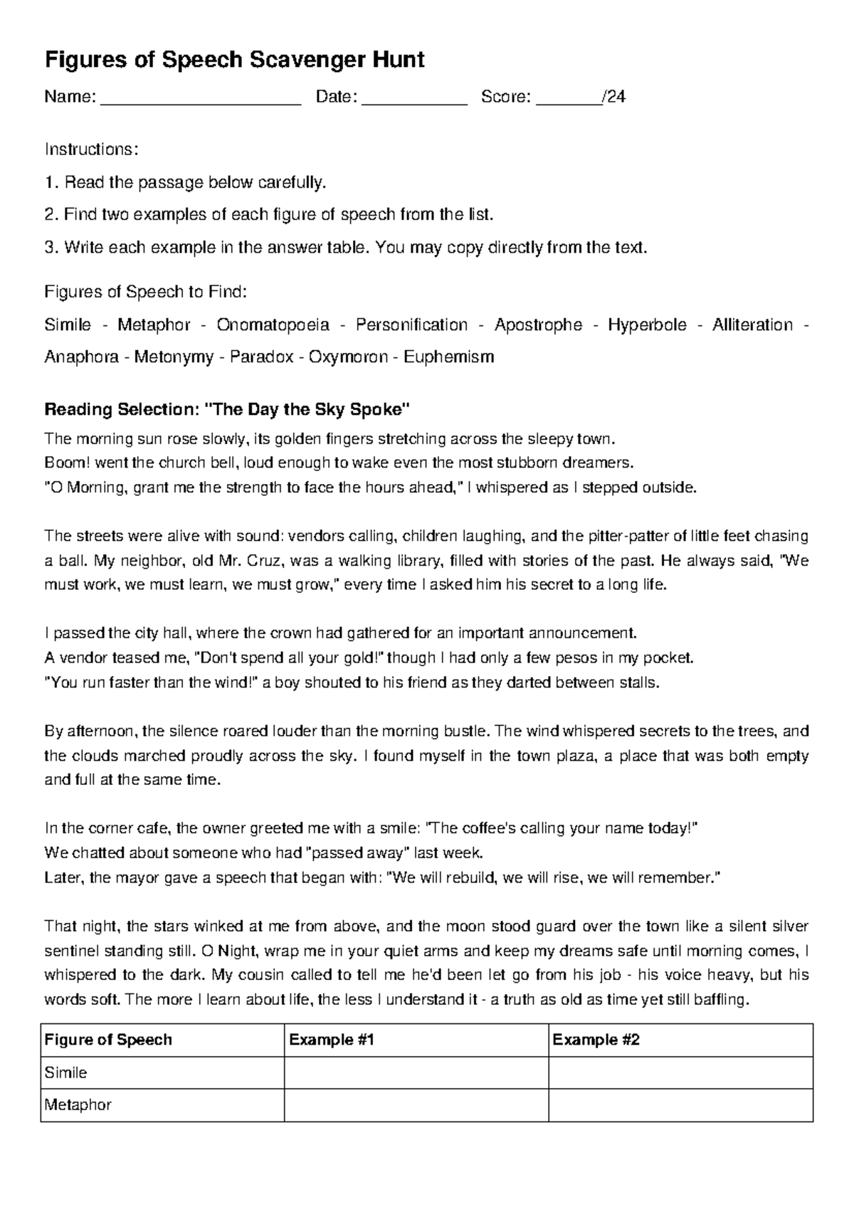 Figures of Speech Scavenger Hunt: Examples & Analysis - Studocu