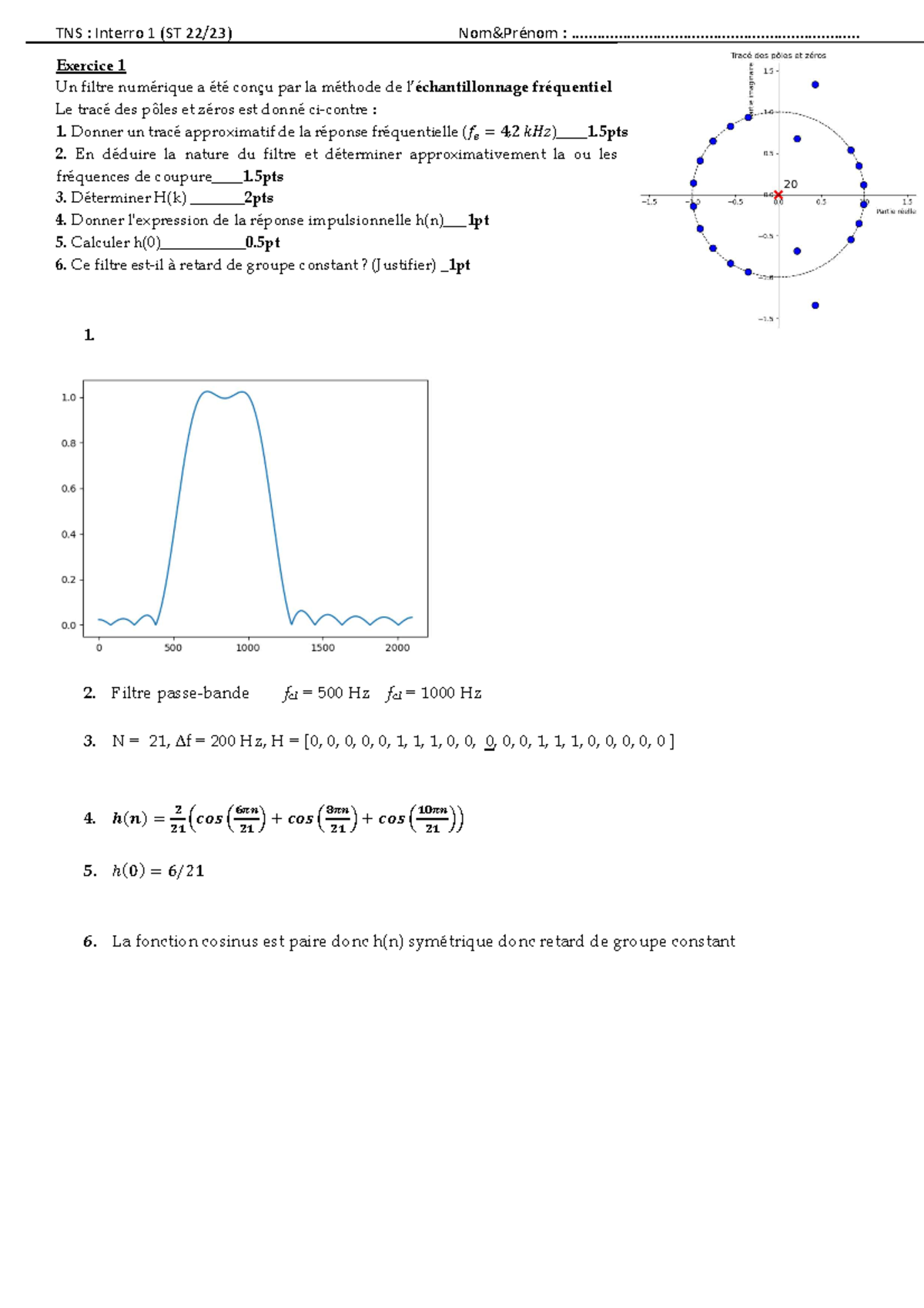 Interro 1 S2 2022 2023 - EEA - Exercice 1 Un filtre numérique a été ...
