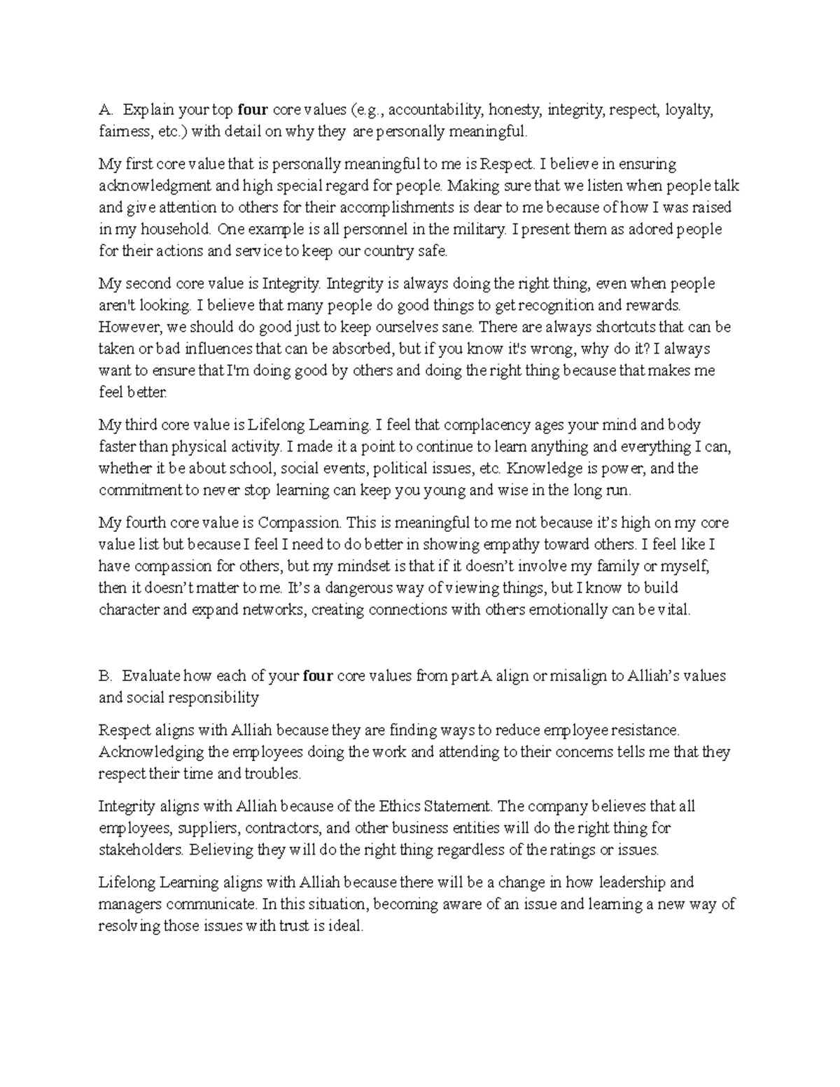 Task 2 - Core Values Analysis and Alignment - D082 - Studocu