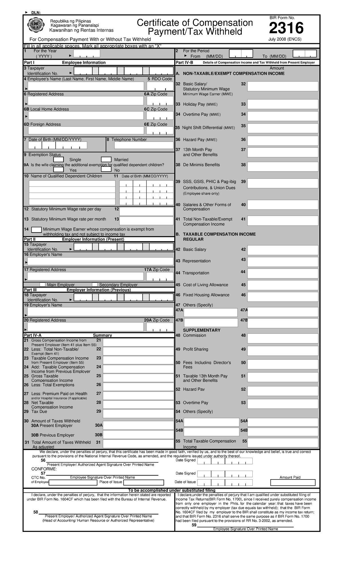 2316 - BIR Form 2316 Sample for Compensation Income Declaration - Studocu