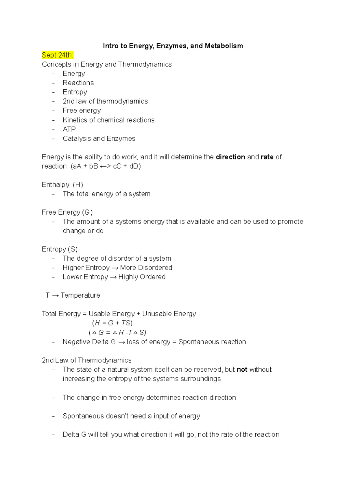 Biology CH6: Energy, Enzymes, and Metabolism Overview - Studocu
