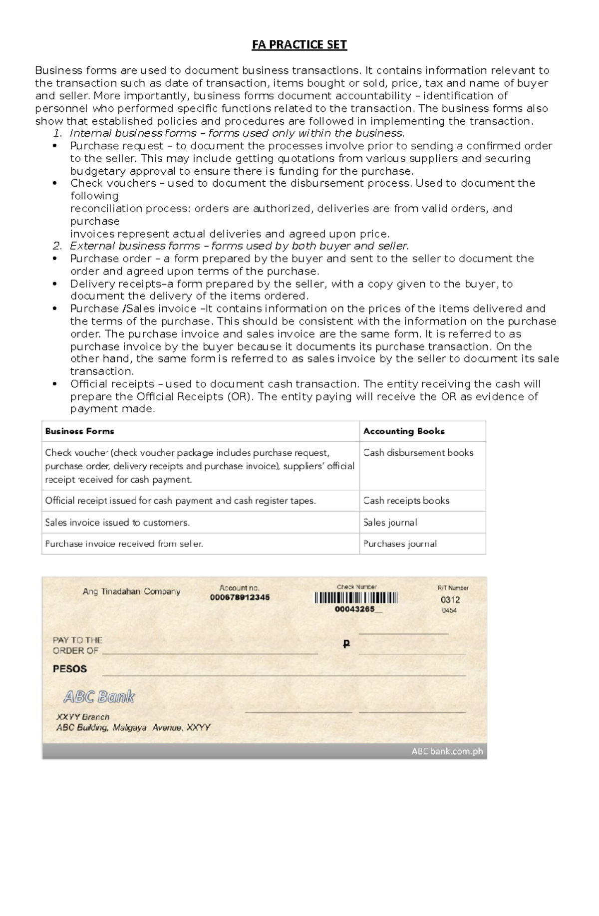 Financial Accounting and Report - FA PRACTICE SET Business forms are ...