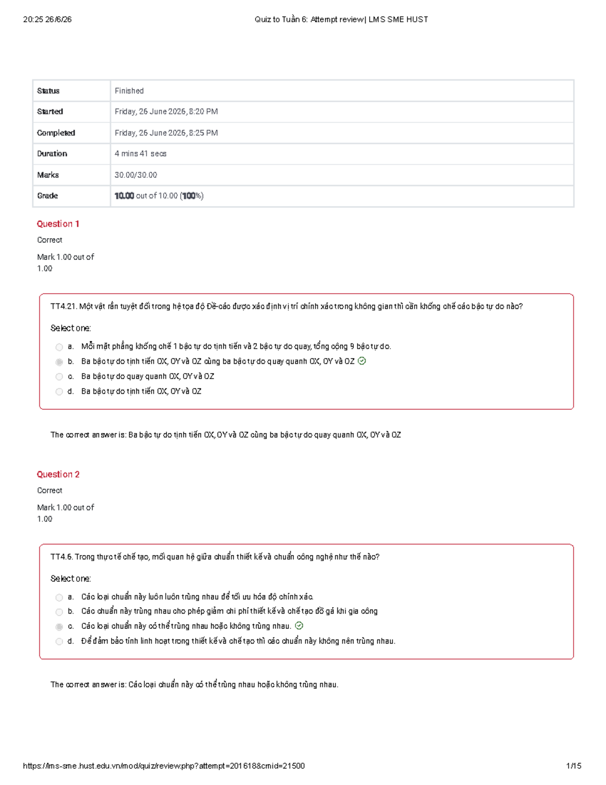 Quiz 20:25 to Tuần 6 - Attempt Review for LMS SME HUST - Studocu