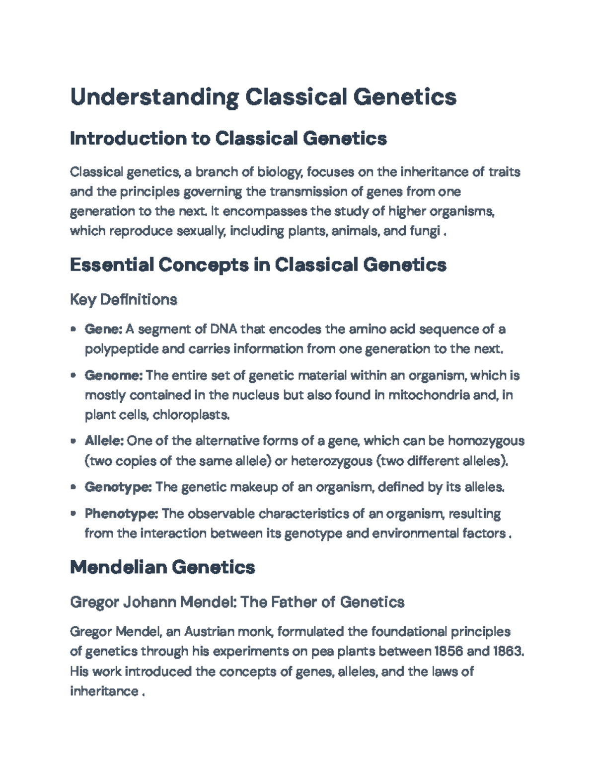 Classical Genetics Overview: Key Concepts and Mendel's Laws ...