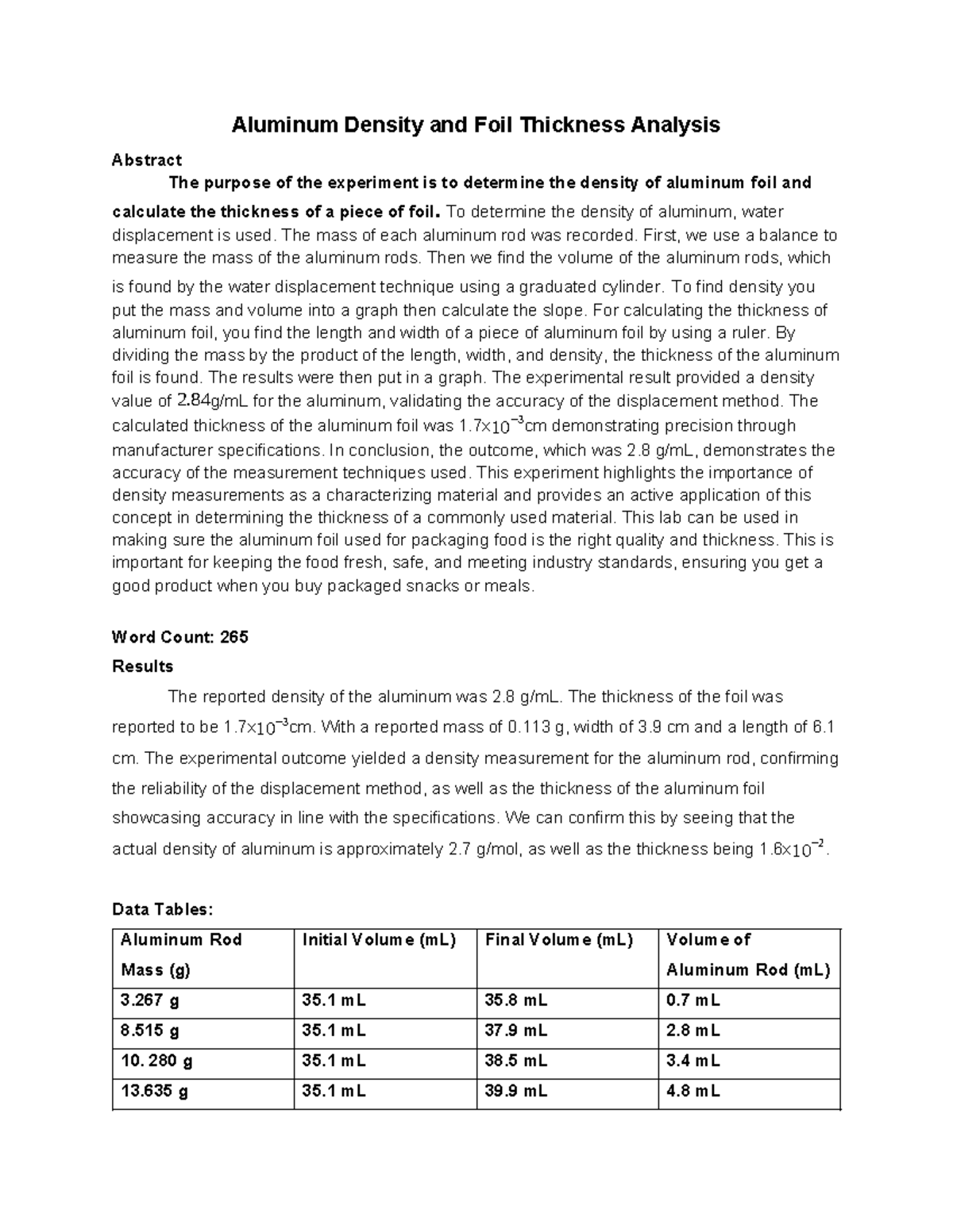 Aluminum Density & Foil Thickness Analysis Report - Studocu