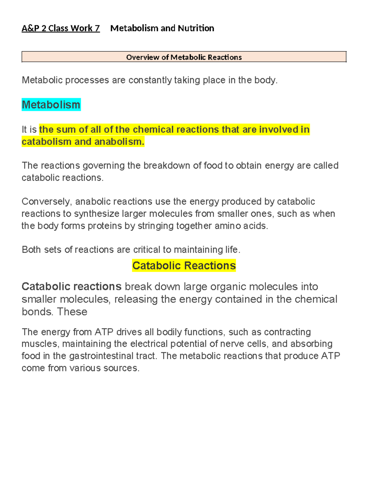 A&P 2 Class Work 7: Overview of Metabolism and Nutritional Processes ...
