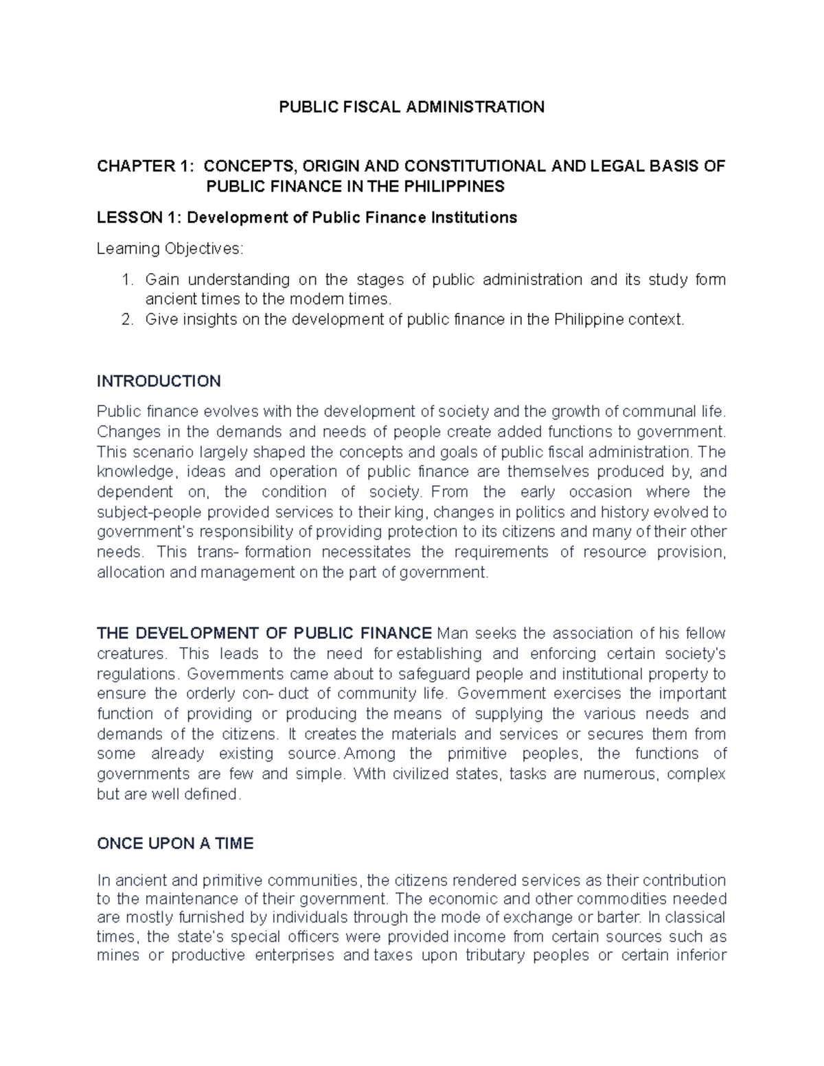 BPA Public Fiscal Administration Lesson 1: Evolution & Concepts - Studocu