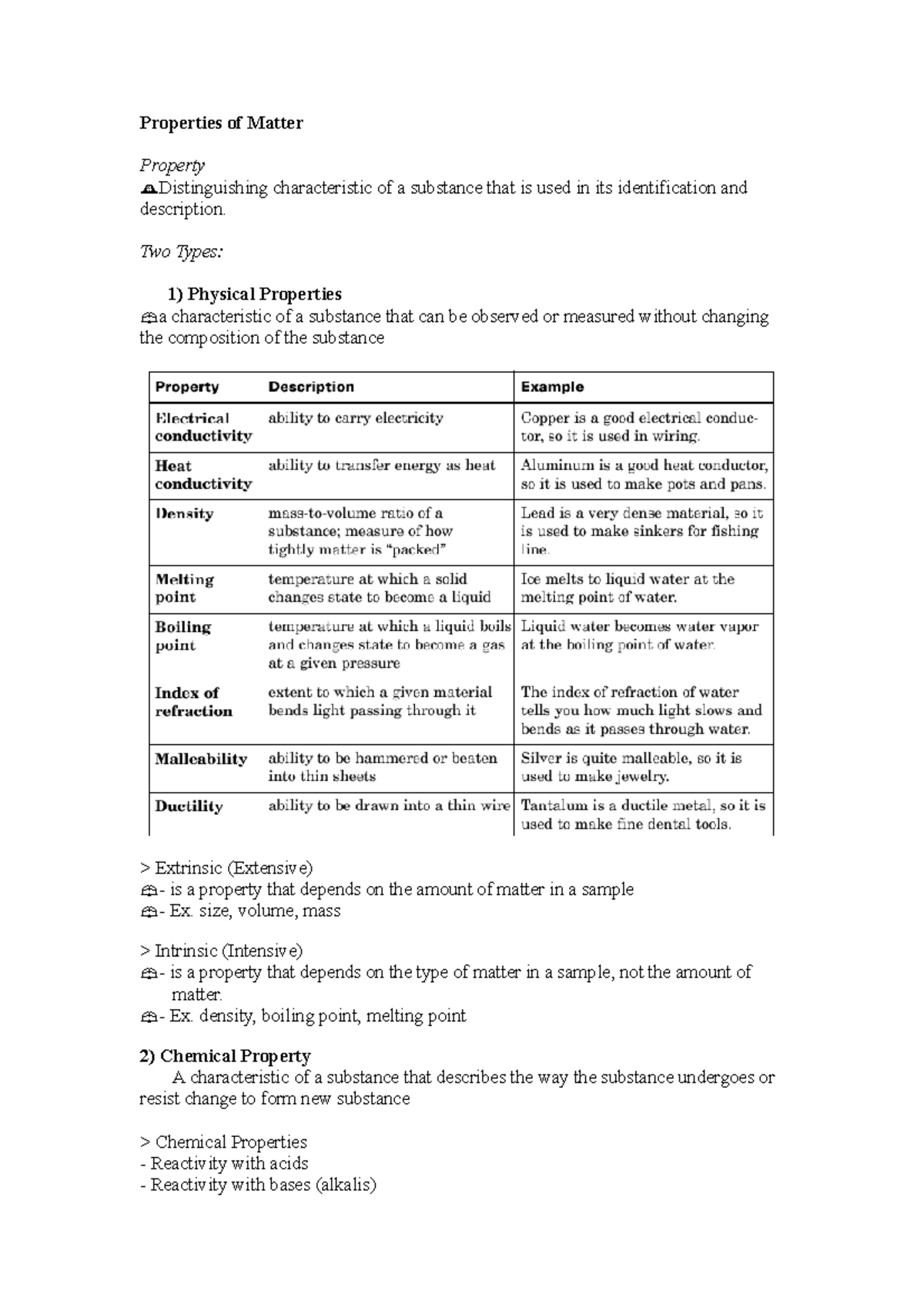 Properties and Changes of Matter - Properties of Matter Property ...