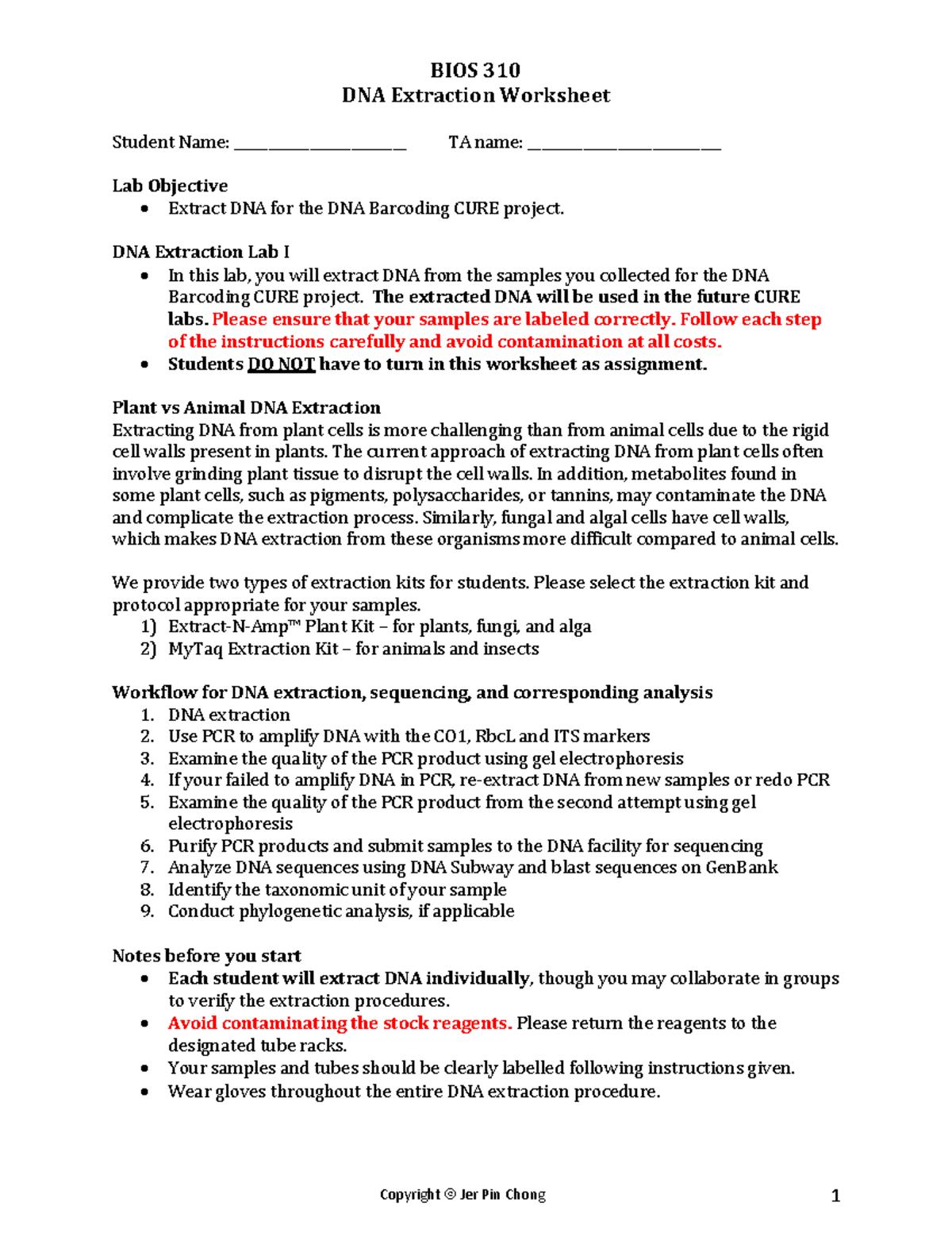 BIOS 310 DNA Extraction Lab Worksheet for CURE Project - Studocu