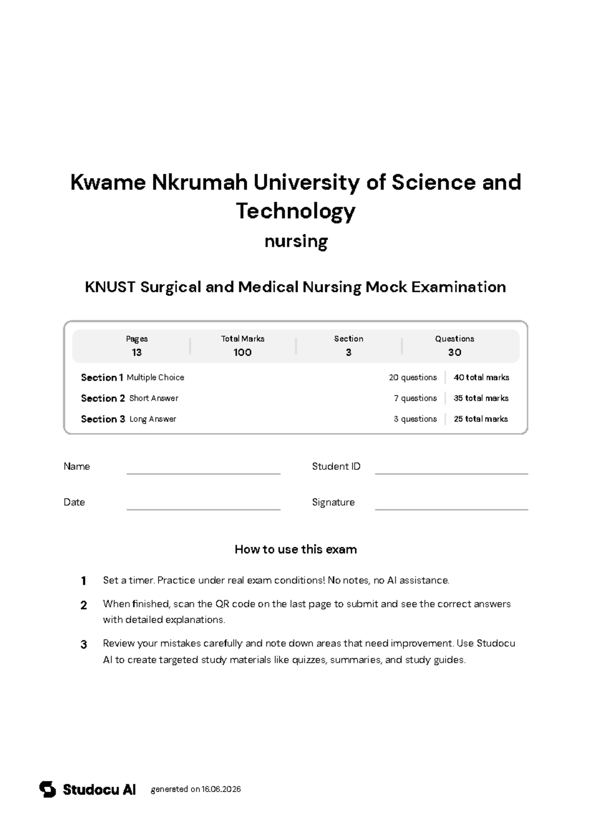 KNUST Surgical and Medical Nursing Mock Exam - Studocu