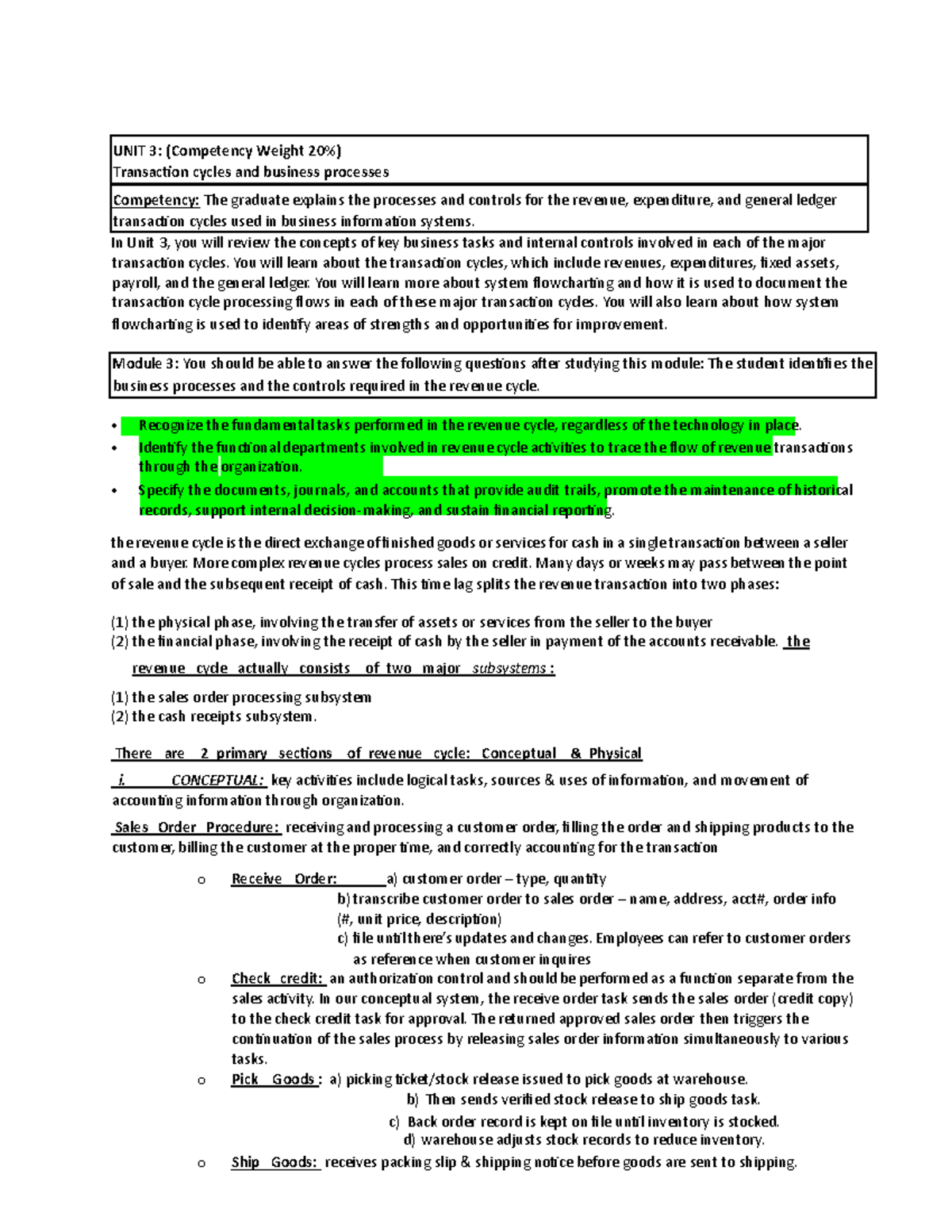 D217 Unit 03: Study Guide on Transaction Cycles & Business Processes ...