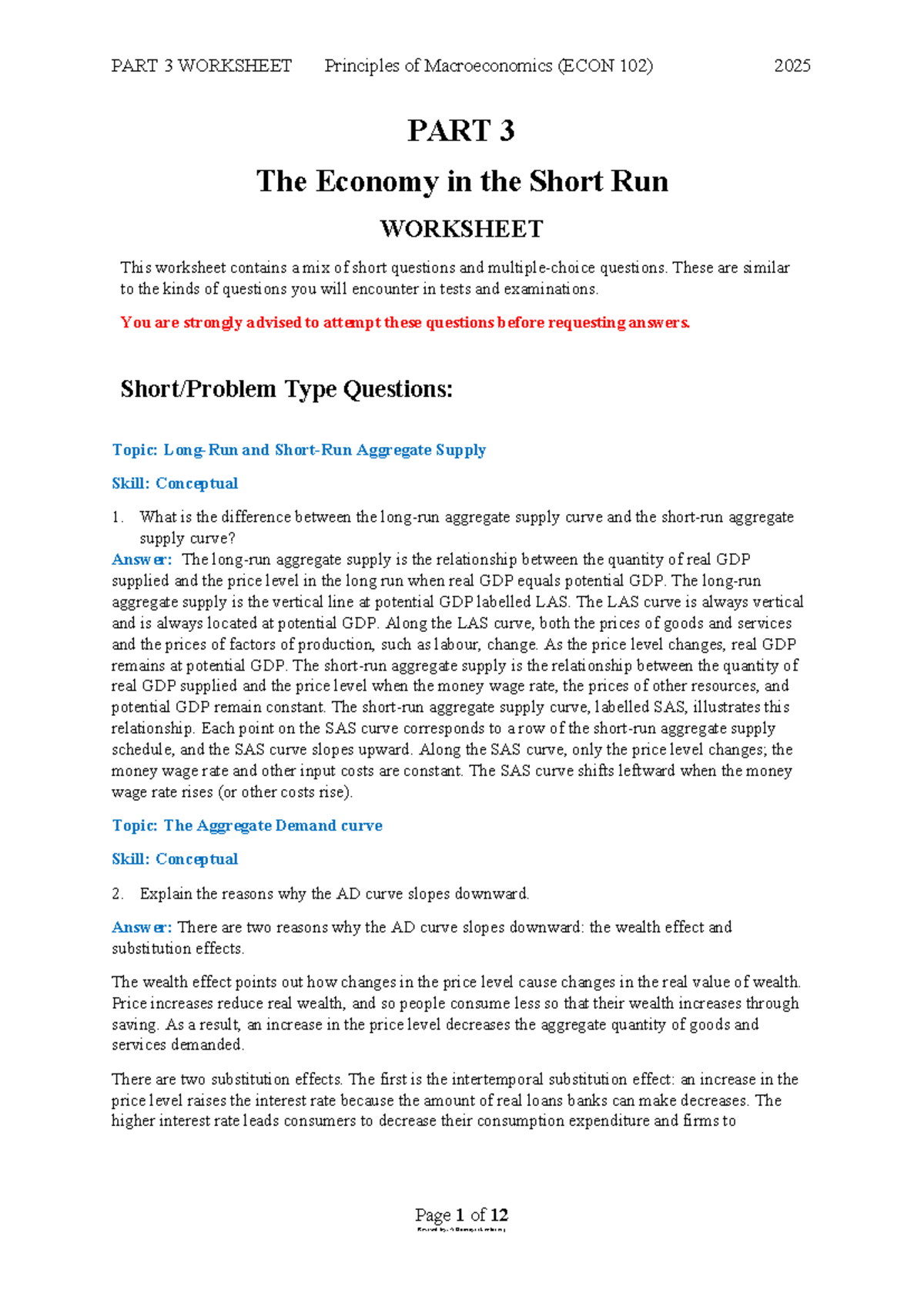 PART 3 Worksheet: Short-Run Economic Principles (ECON 102) 2025 - Studocu