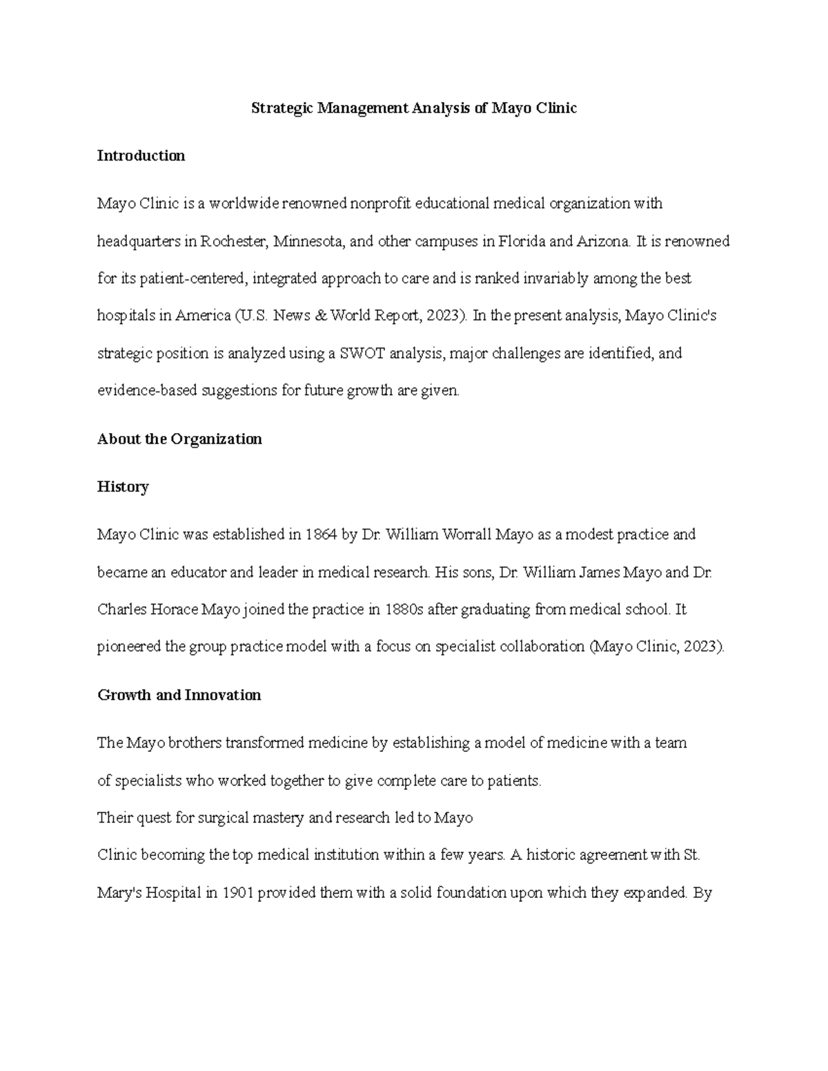 101-Strategic Management Analysis: SWOT & Future Growth of Mayo Clinic ...