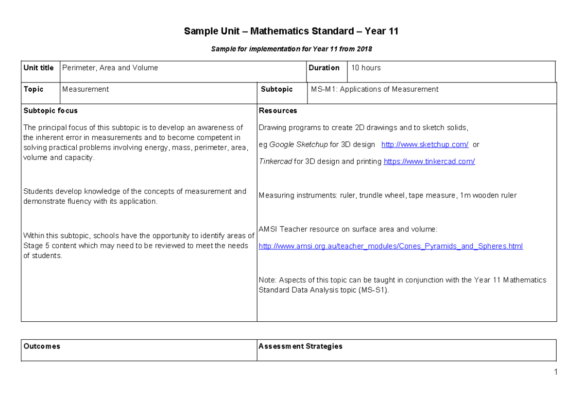 Mathematics Standard Y11 Unit: Measurement Skills and Applications ...