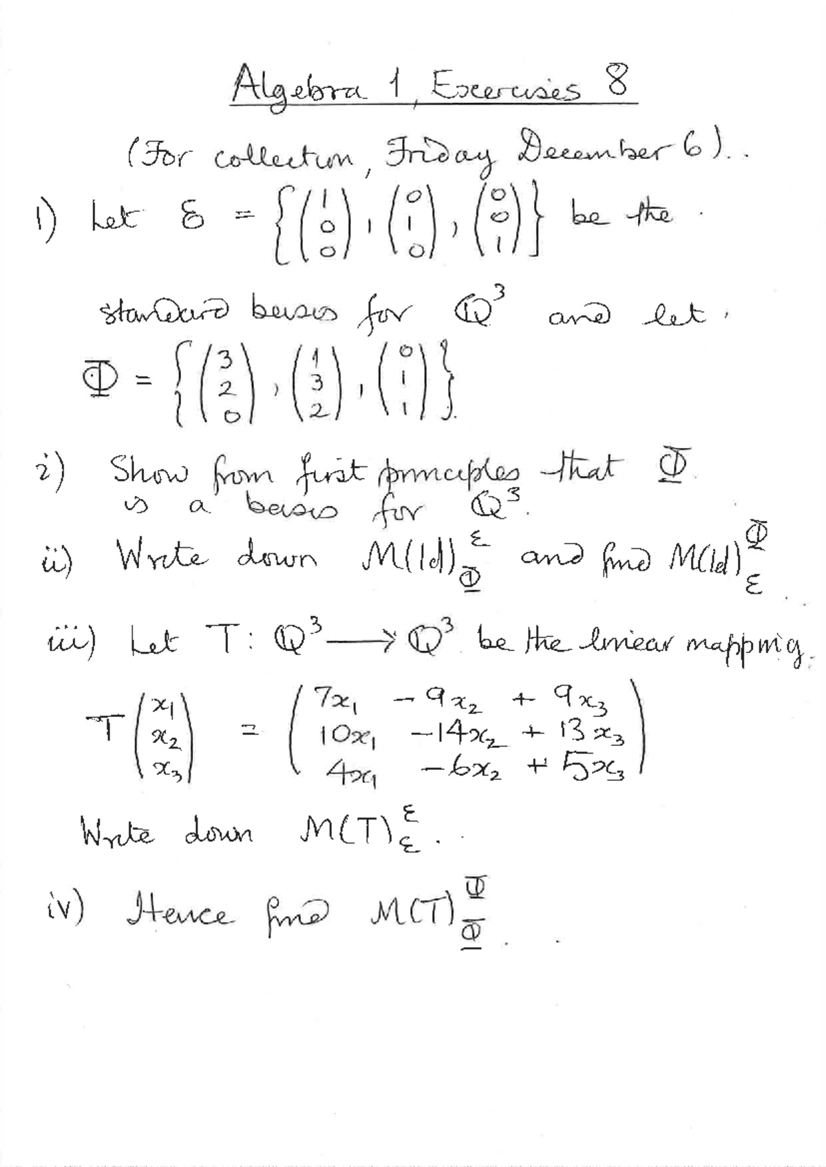 Algebra 1, Exercises 8: Basis of Col Vecs & Lin Map (Due Dec 6) - Studocu