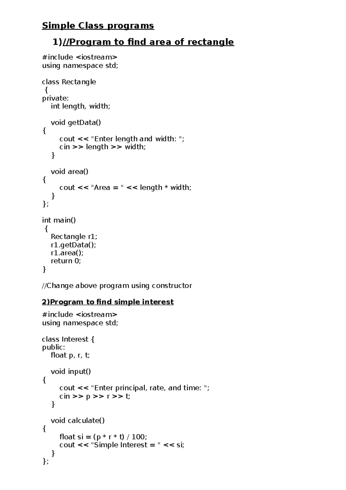 Simple Class Programs: Area, Interest, and Student Details - Studocu