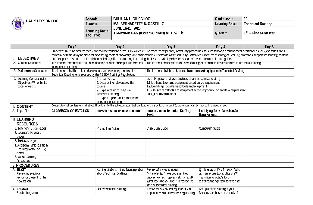 Technical Drafting 12 - Daily Lesson Log (W2) - Studocu
