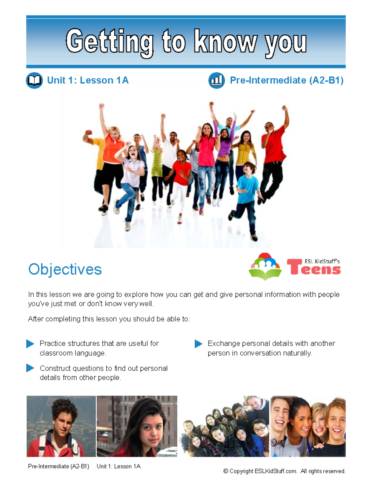 Unit 1: Lesson 1A - Getting to Know You Activities and Objectives - Studocu