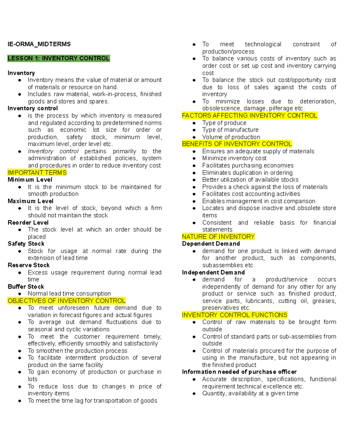 ORMA Midterm Study Notes on Inventory Control & Job Evaluation - Studocu