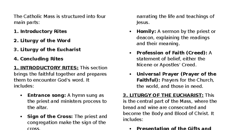 Parts of the Catholic Mass - STUDENT DOCUMENTS - Studocu