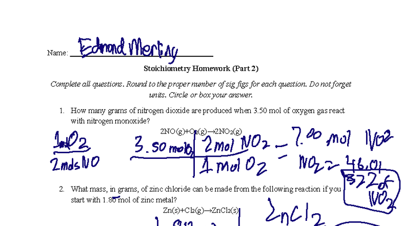 Stoichiometry+Homework+Pt+2 - Name: Stoichiometry Homework (Part 2 ...