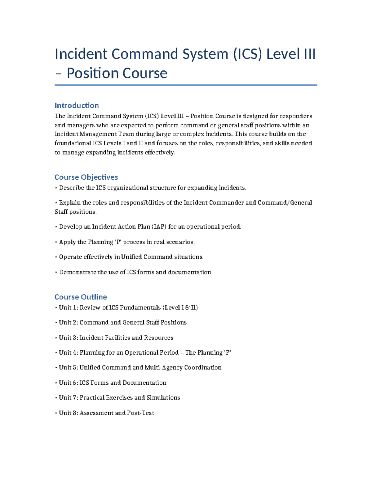 ICS Level III Position Course: Command & Management Skills - Studocu