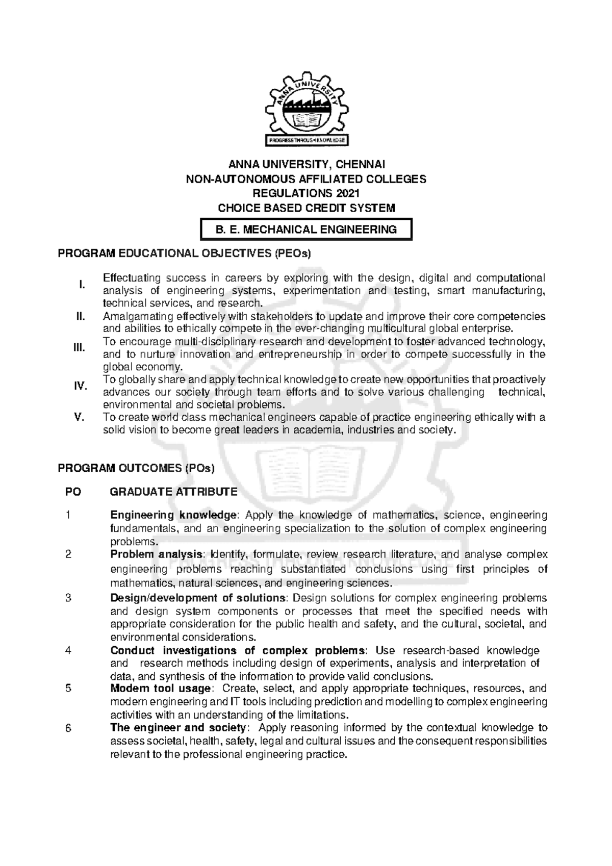 Anna University 2021 Syllabus for B.E. Mechanical Engineering Programs - Studocu