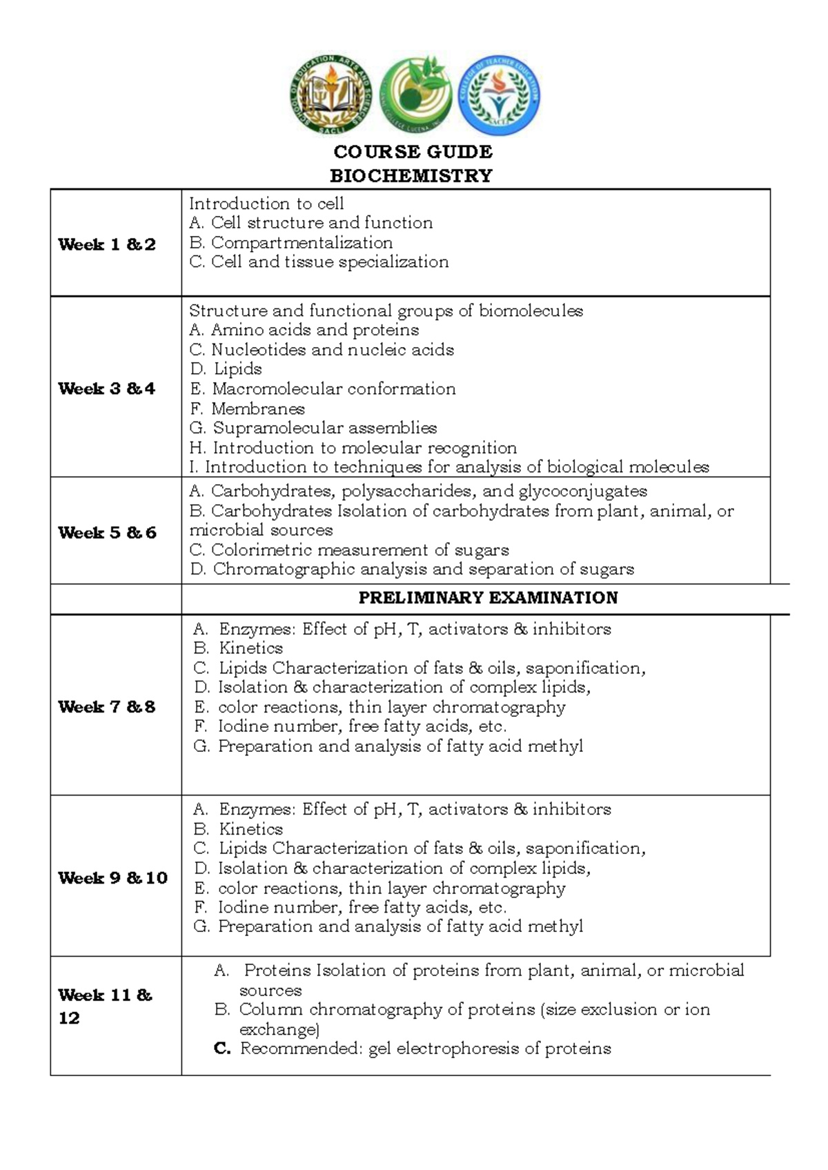 COURSE GUIDE BIOCHEMISTRY 1-2: Weekly Overview and Exam Prep - Studocu