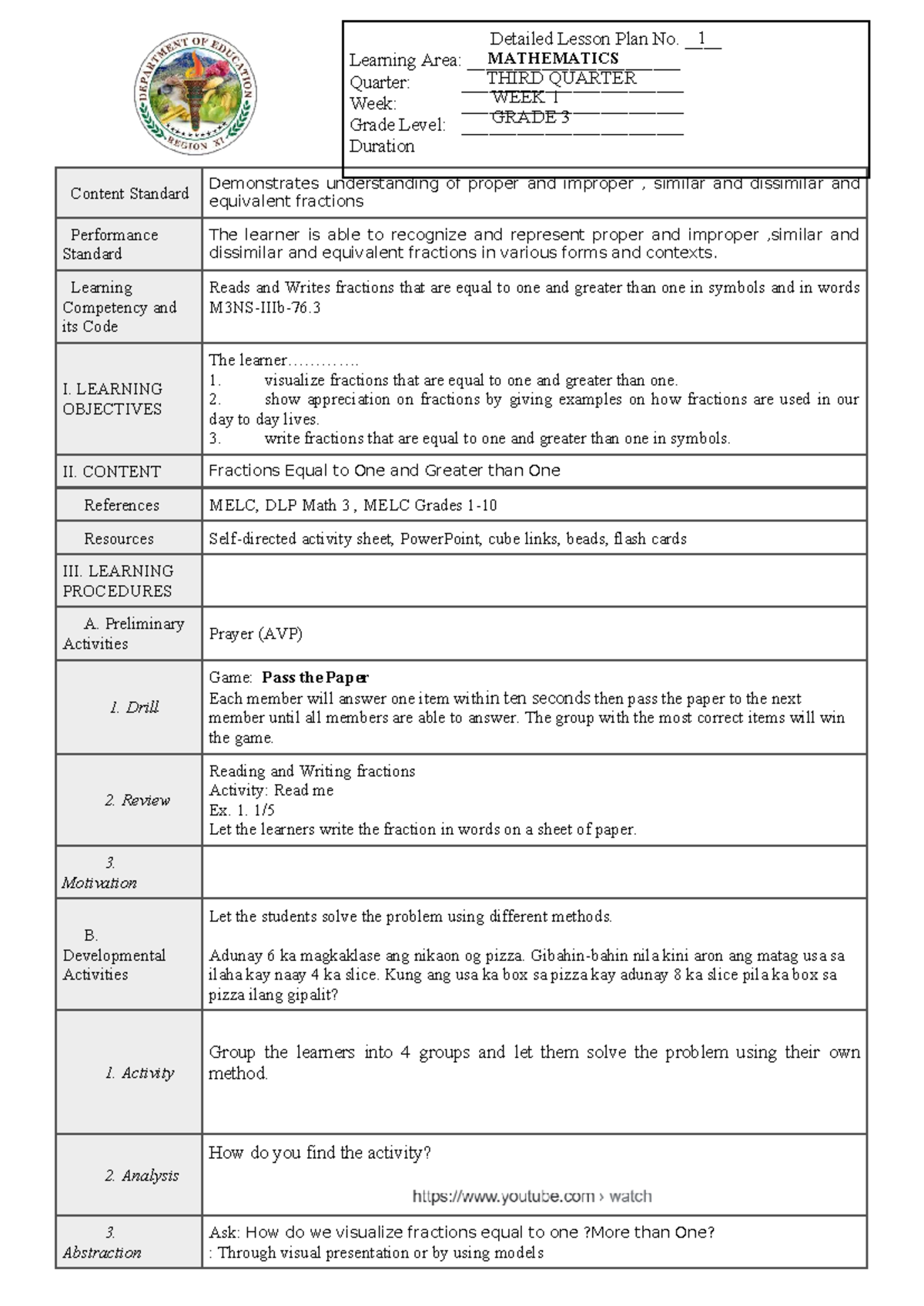DLP MATH 3: Detailed Lesson Plan on Fractions for Grade 3 - Studocu
