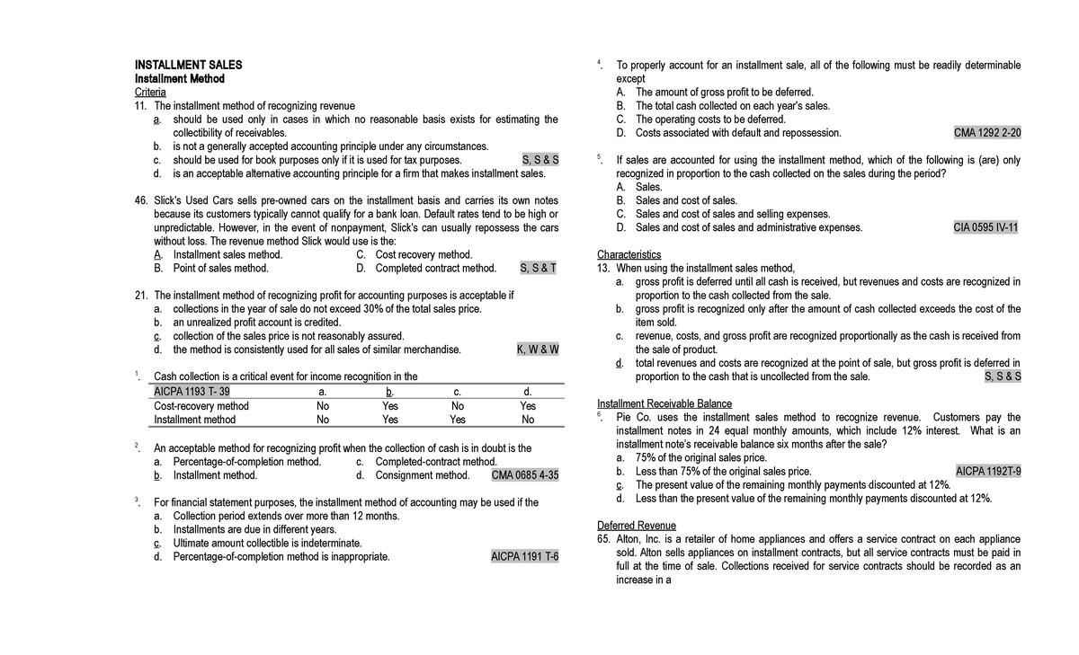 Installment Sales Method: Criteria and Accounting Practices CPAR - Studocu