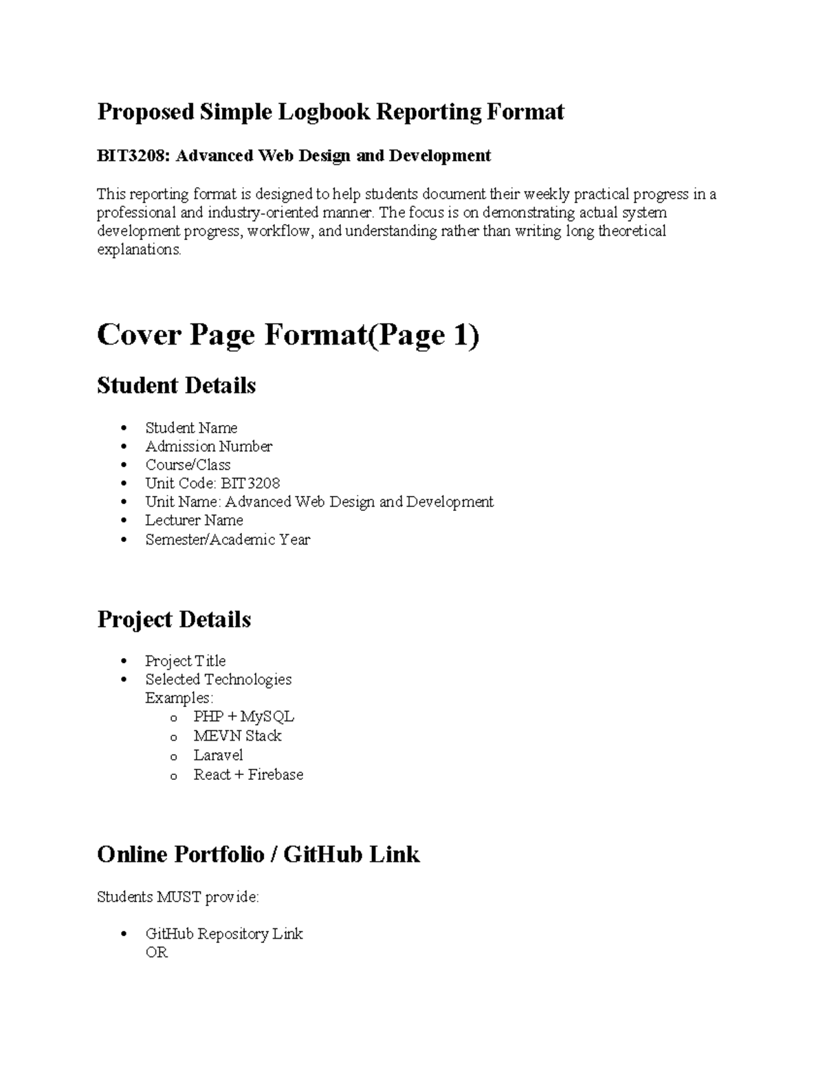 Proposed Logbook Reporting Format for BIT3208: Web Design & Dev - Studocu
