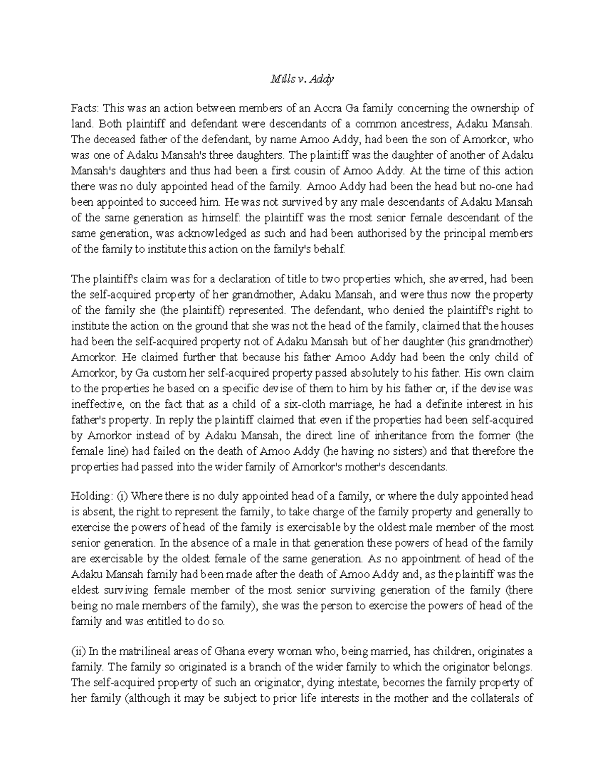 Mills v. Addy – Case Study on Family Land Ownership Rights - Studocu