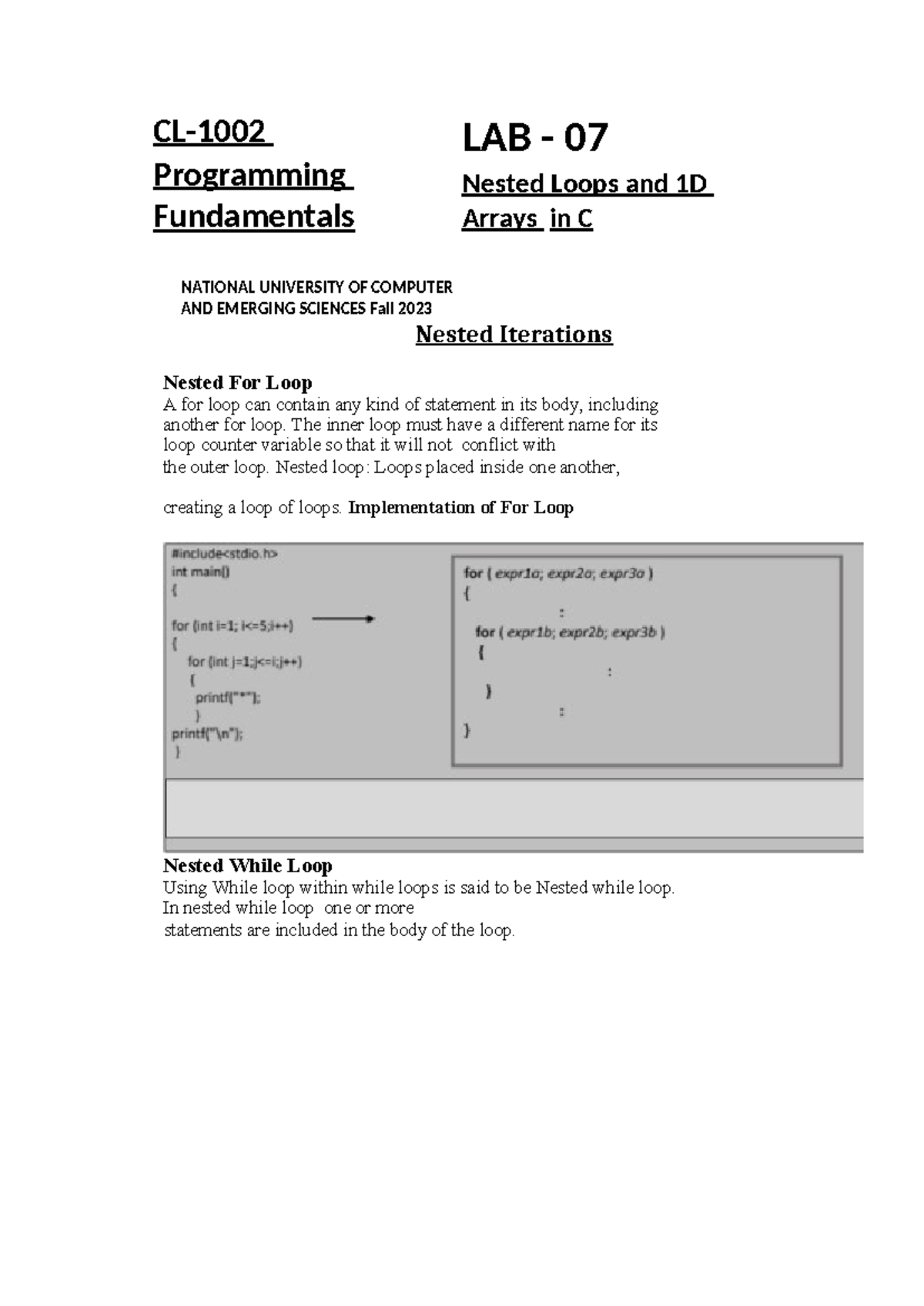 LAB 07: Nested Loops and 1D Arrays in C Programming - Studocu