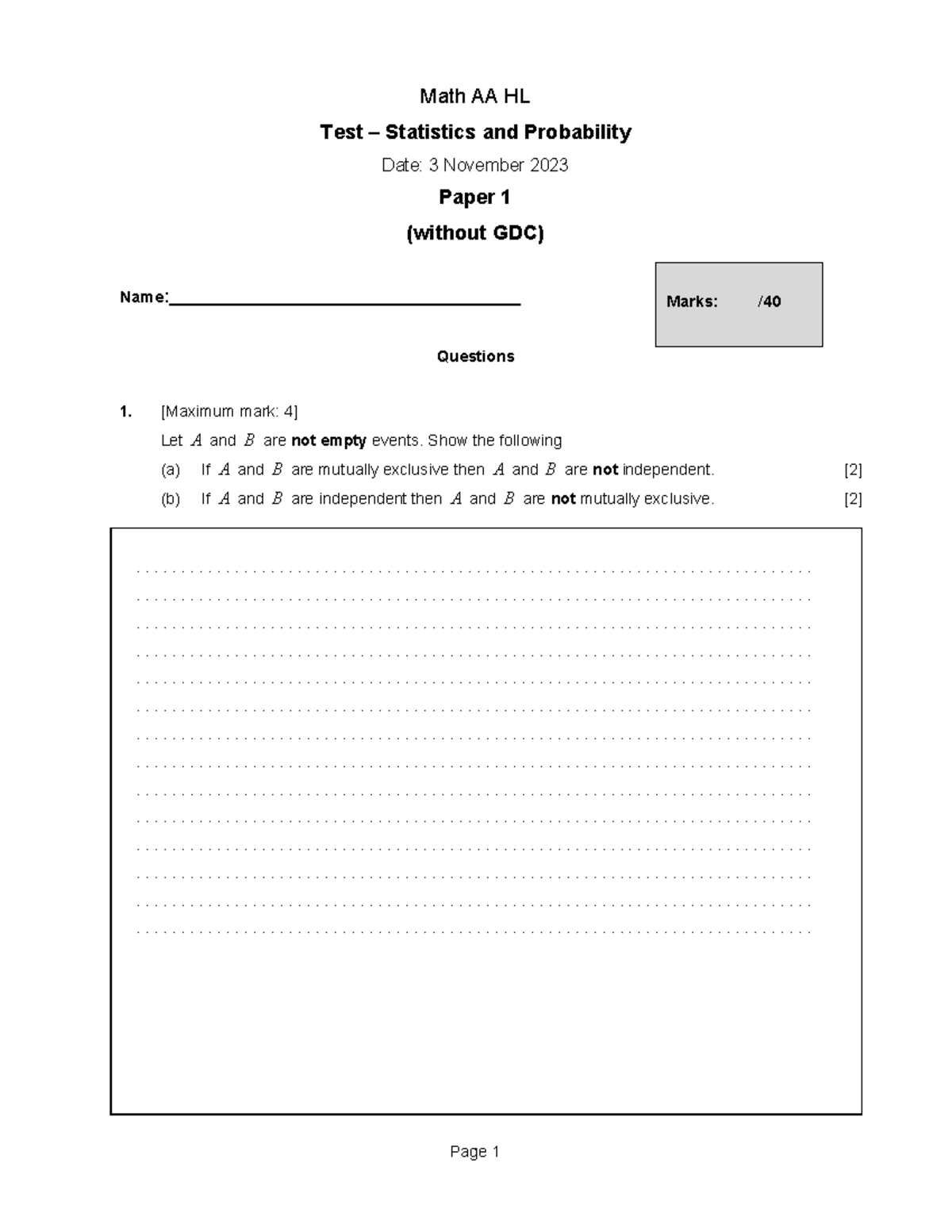 Math AA HL Test 4: Statistics & Probability (P1-P2) Notes - Studocu