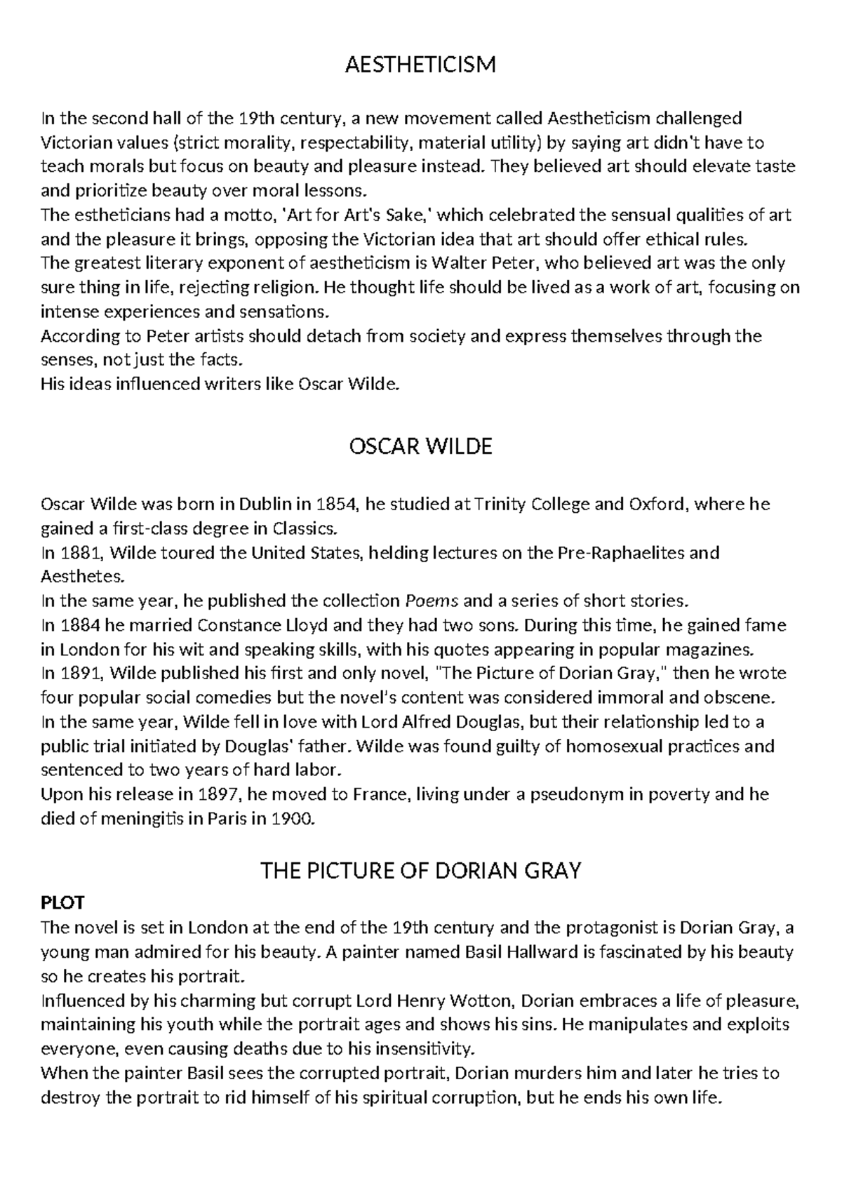 AESTHETICISM & OSCAR WILDE: An Analysis of Art and Morality - Studocu