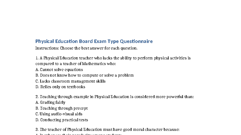 PE 101 Final Exam Questionnaire: Physical Education Insights - Studocu