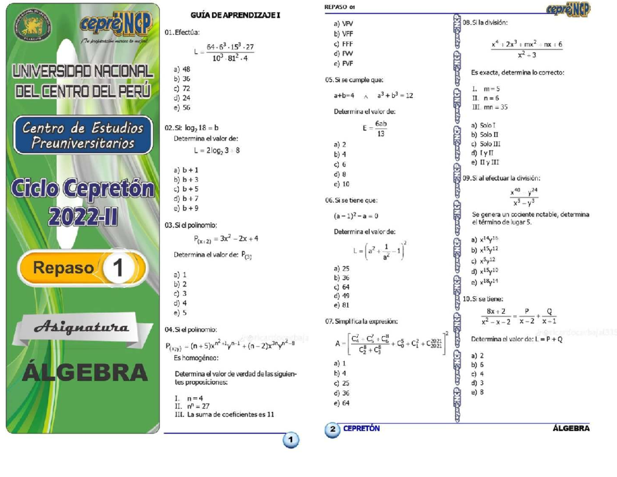 Repaso 01 - Guía de Aprendizaje I - Álgebra 1 - ceprëjNCP - Studocu
