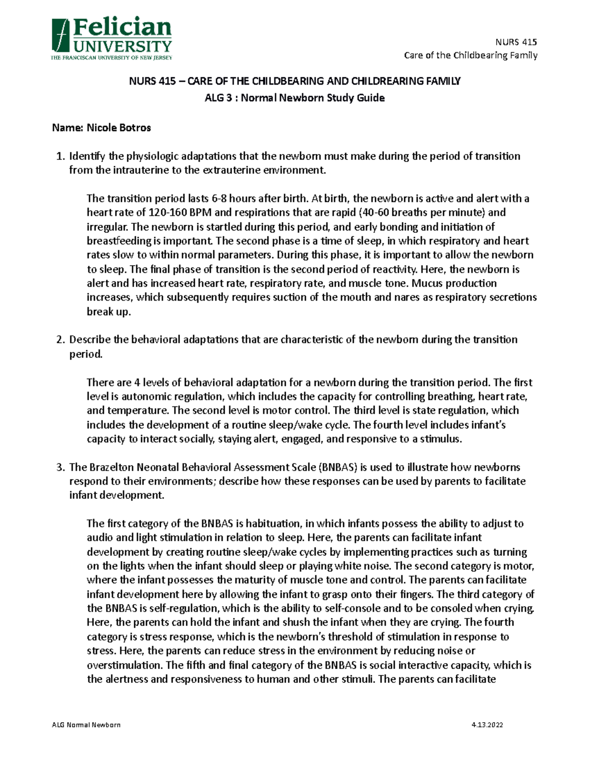 Active Learning Guide - Module 3 - Care of the Childbearing Family NURS ...