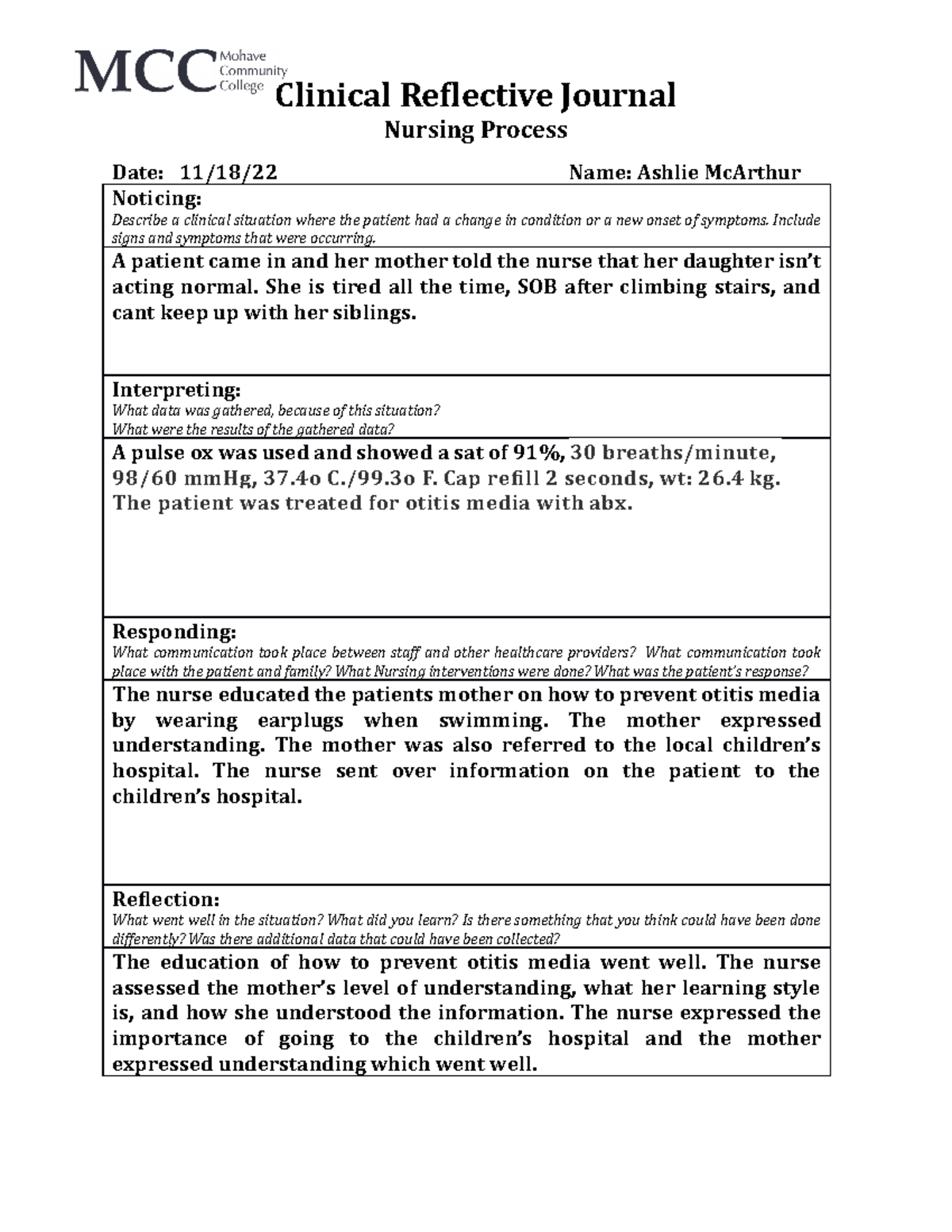 NUR 301 Clinical Reflective Journal on Patient Condition Changes - Studocu