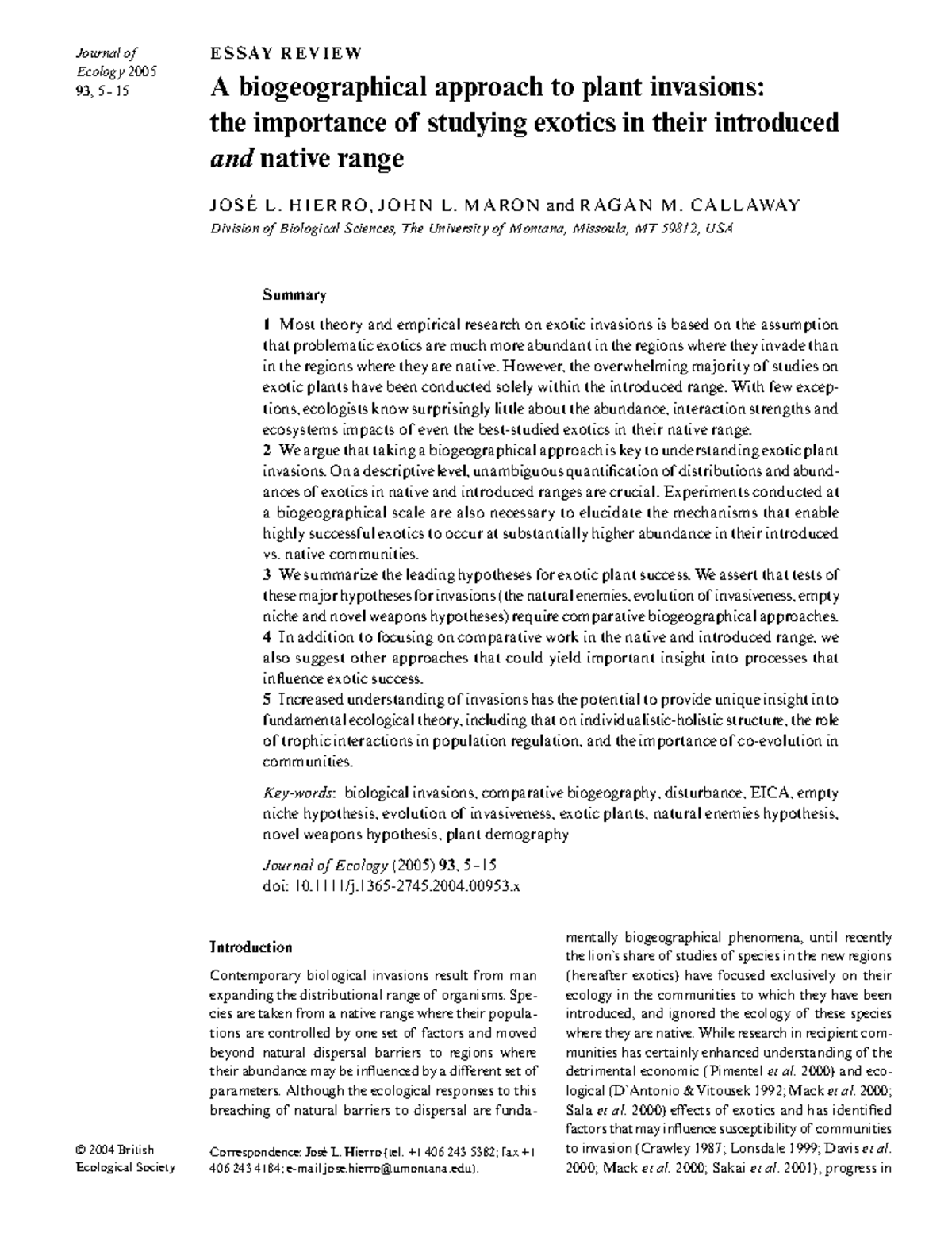 A Biogeographical Approach to Understanding Plant Invasions in Ecology ...