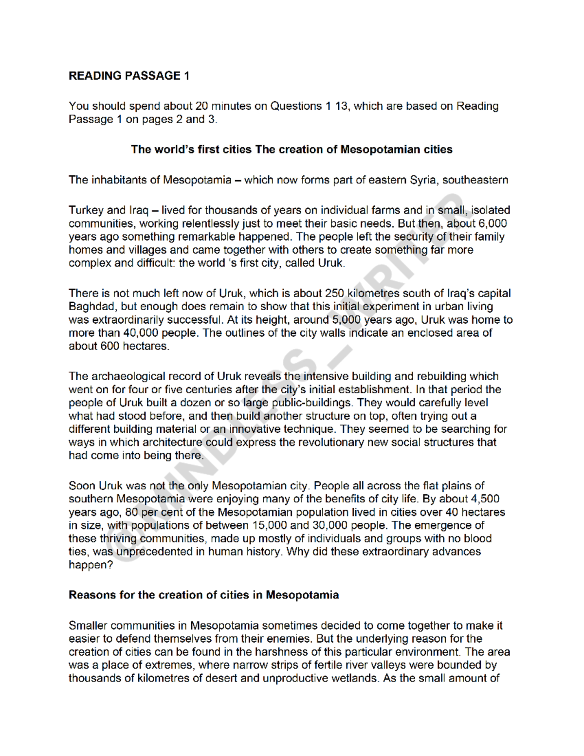 Mesopotamian Urban Evolution: Insights from Reading Passage 1 (ENG101 ...